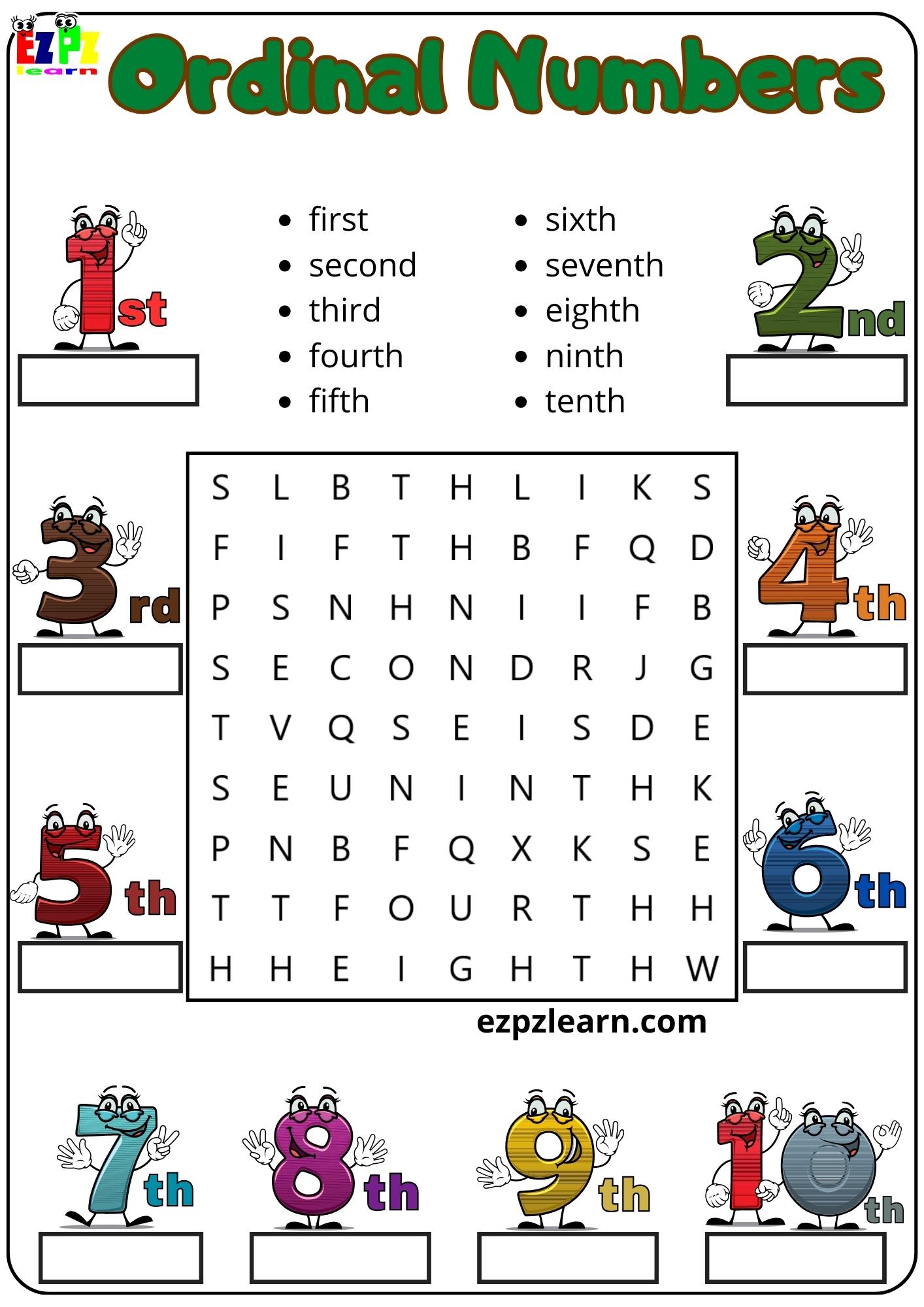 Ordinal Numbers Word Search and Write the Words for Kids and English ...