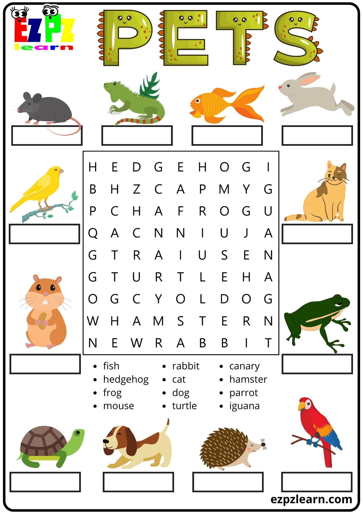Pets and Animals Vocabulary Word Search and Match the Words Activity ...