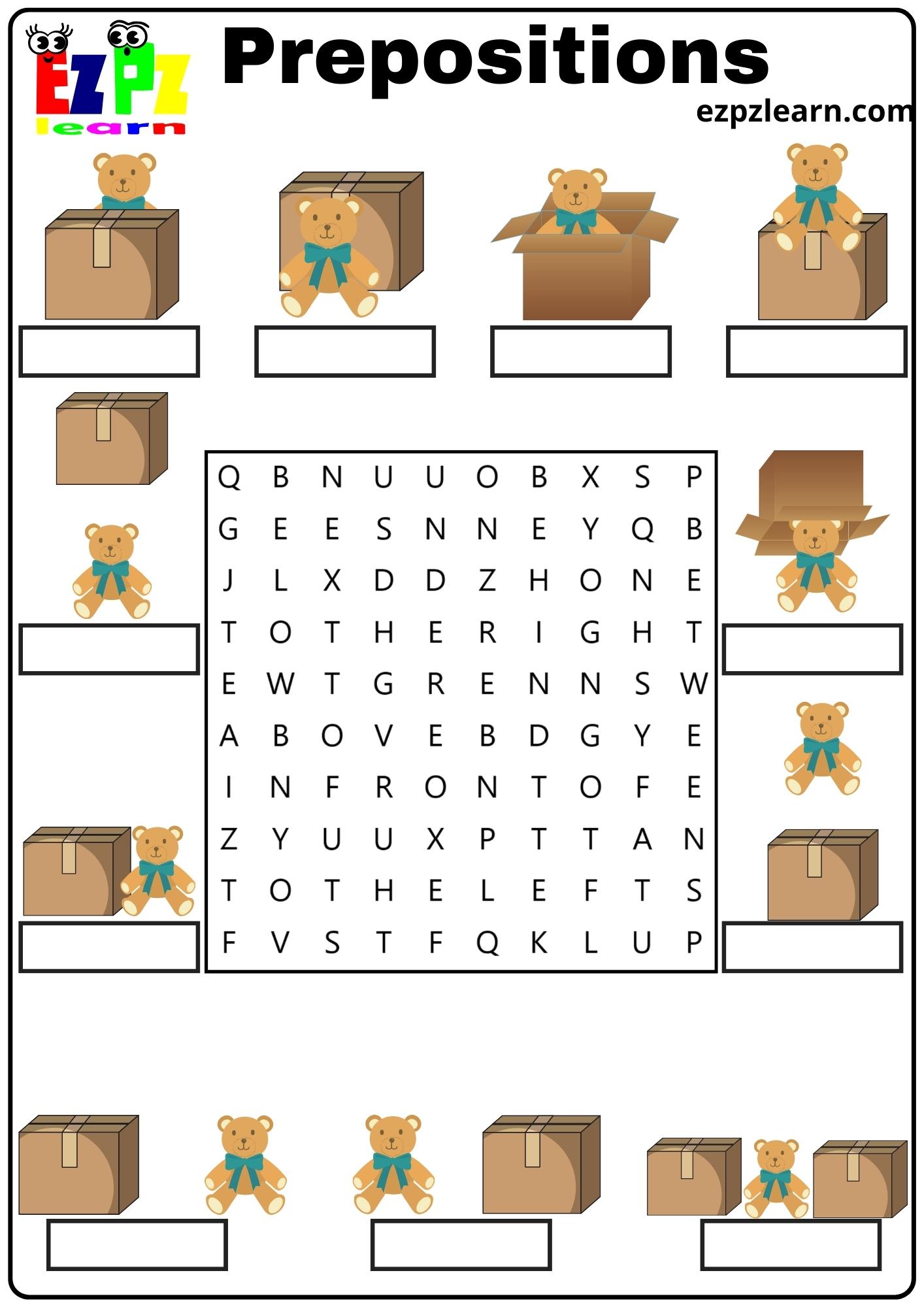 Prepositions Vocabulary Word Search and Write the Words for Kids and ...