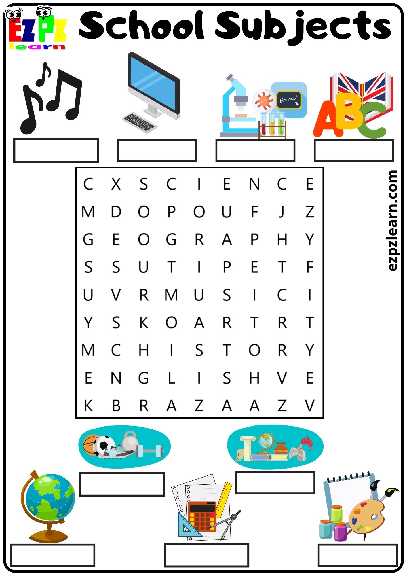 School Subjects Vocabulary Word Search and Write the Words Activity for ...