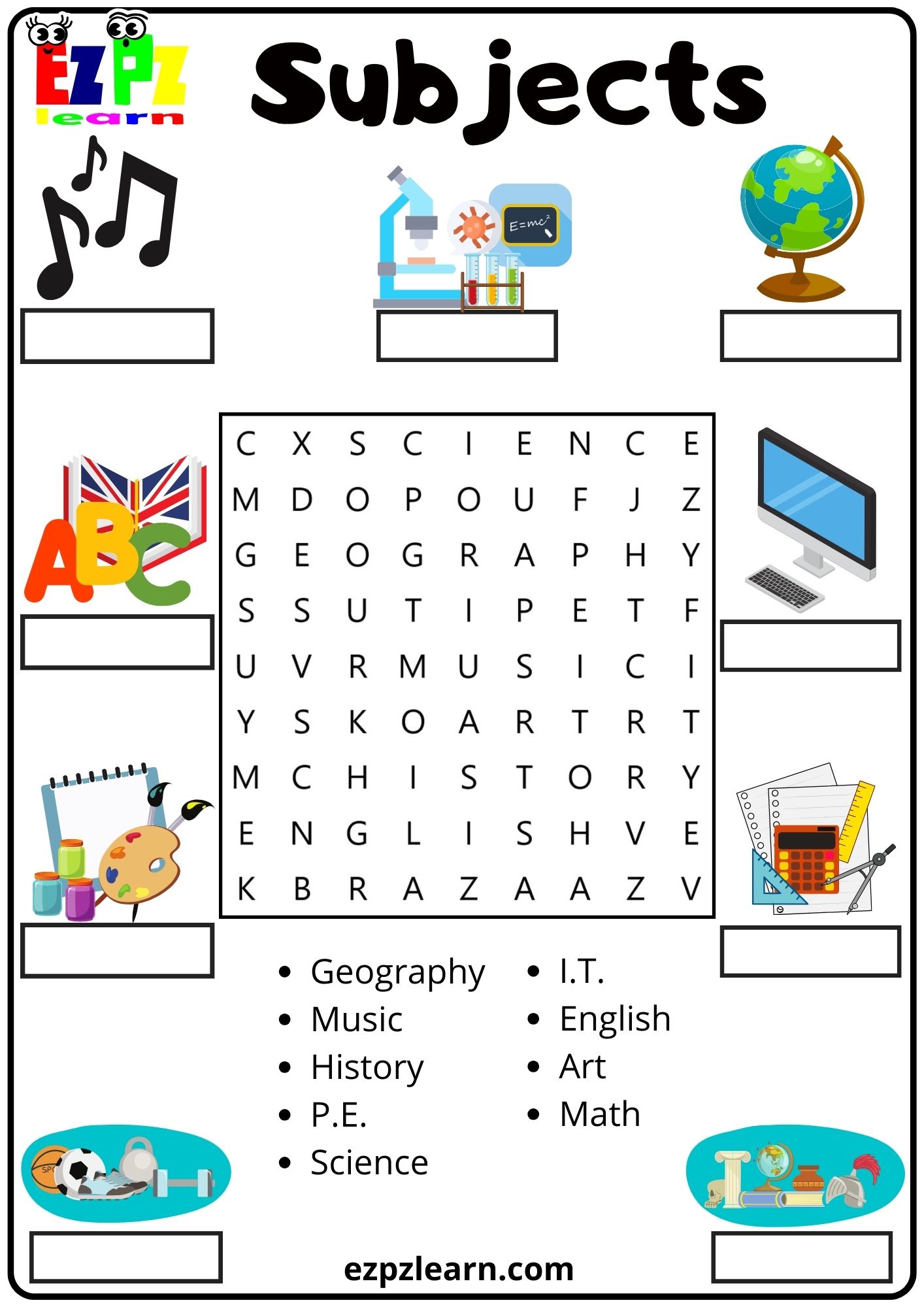 School Subjects Vocabulary Word Search and Match the Words Activity for ...