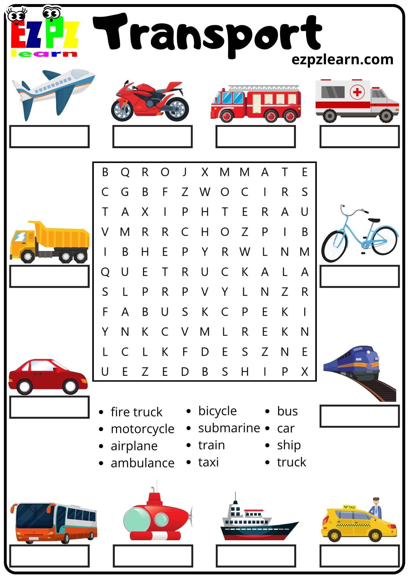Transportation Vocabulary Word Search and Match the Words Activity for ...