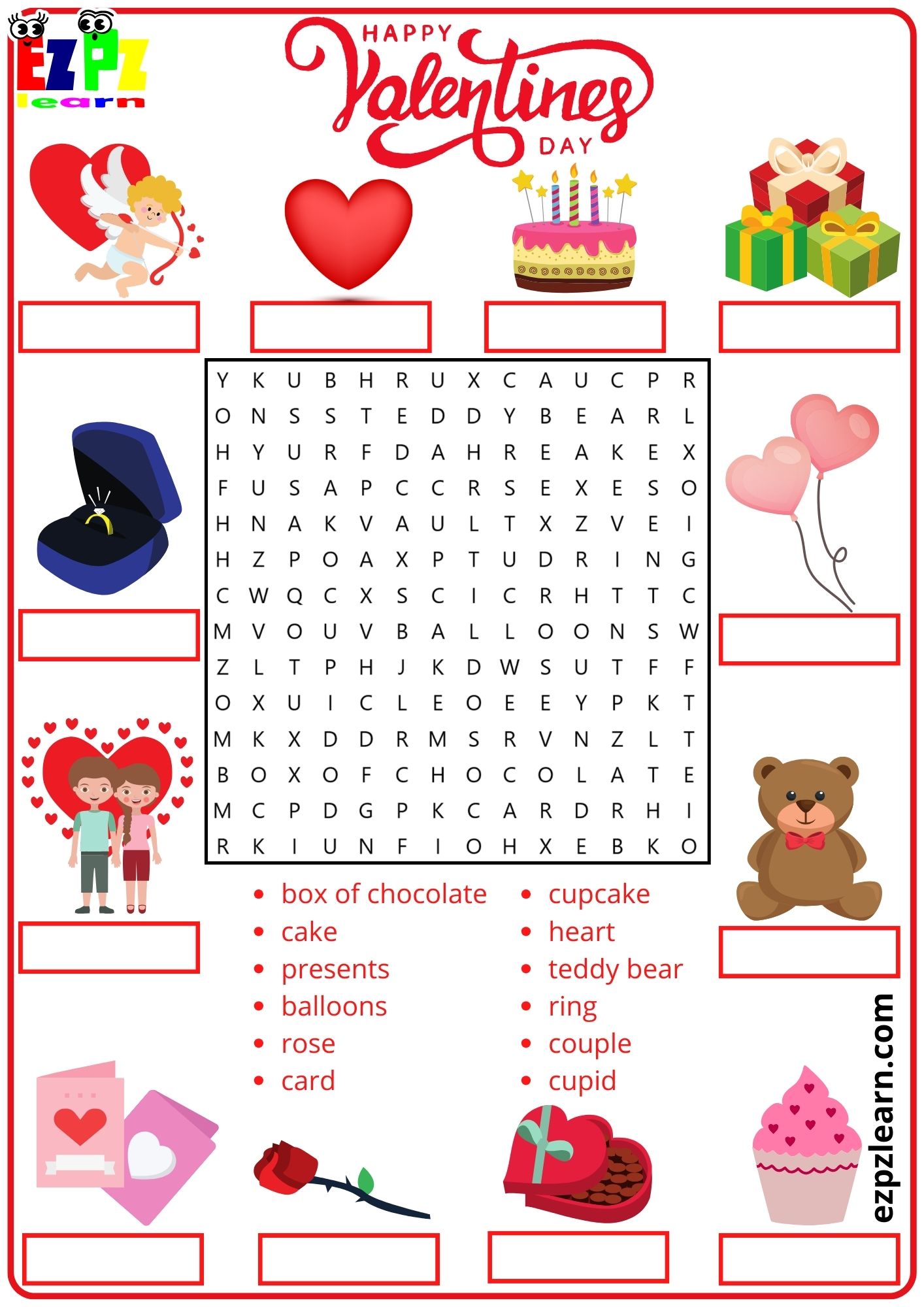 Valentine's Holiday Vocabulary Word Search and Match the Words Activity ...