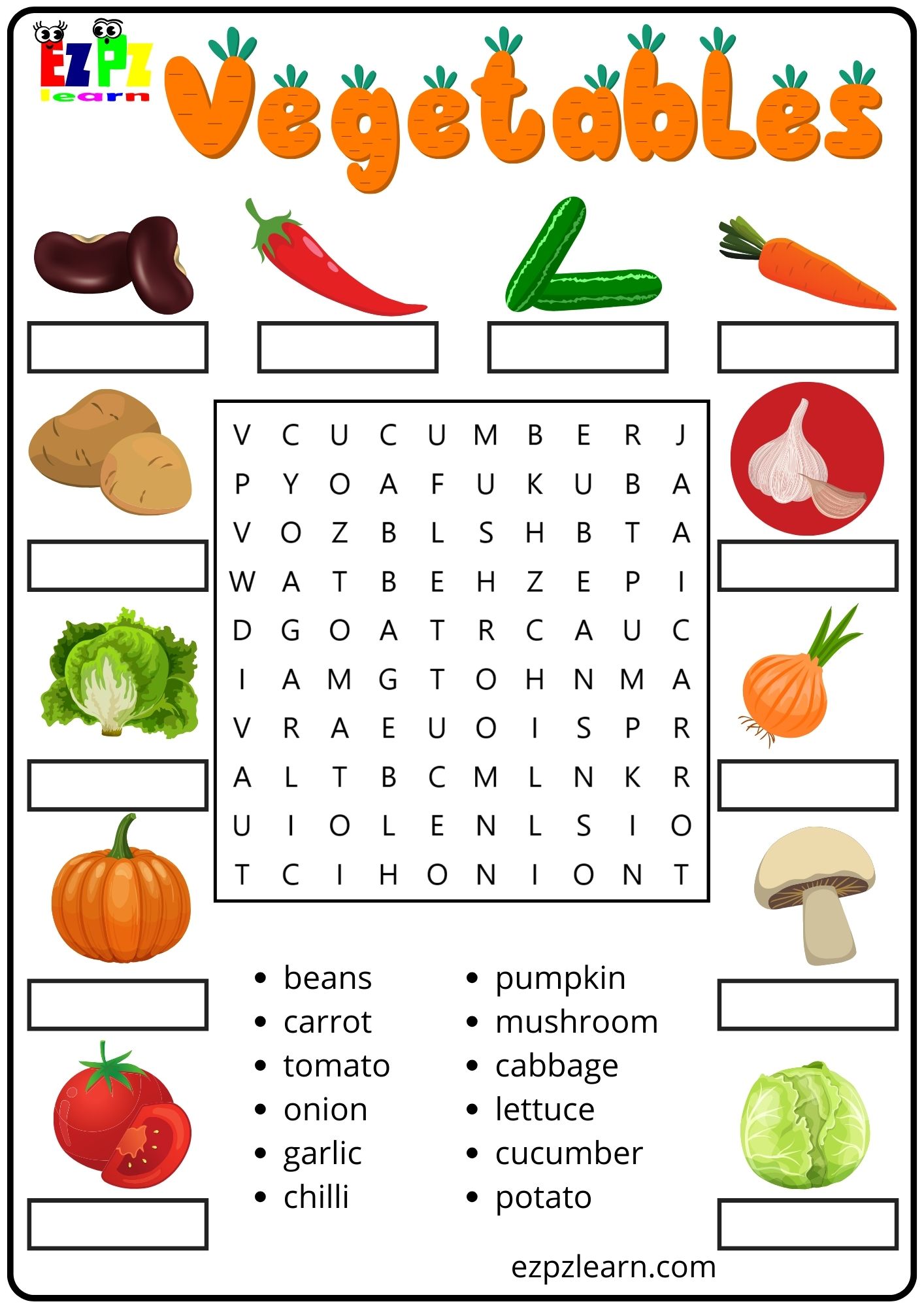 Vegetables Vocabulary Word Search and Match the Words Activity for ...