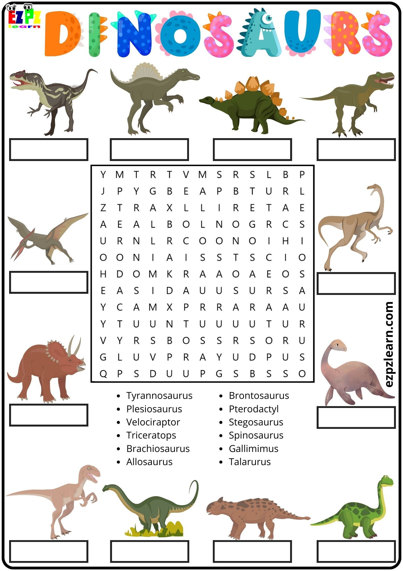 Dinosaurs Vocabulary Word Search and Match the Words Activity for Kids ...