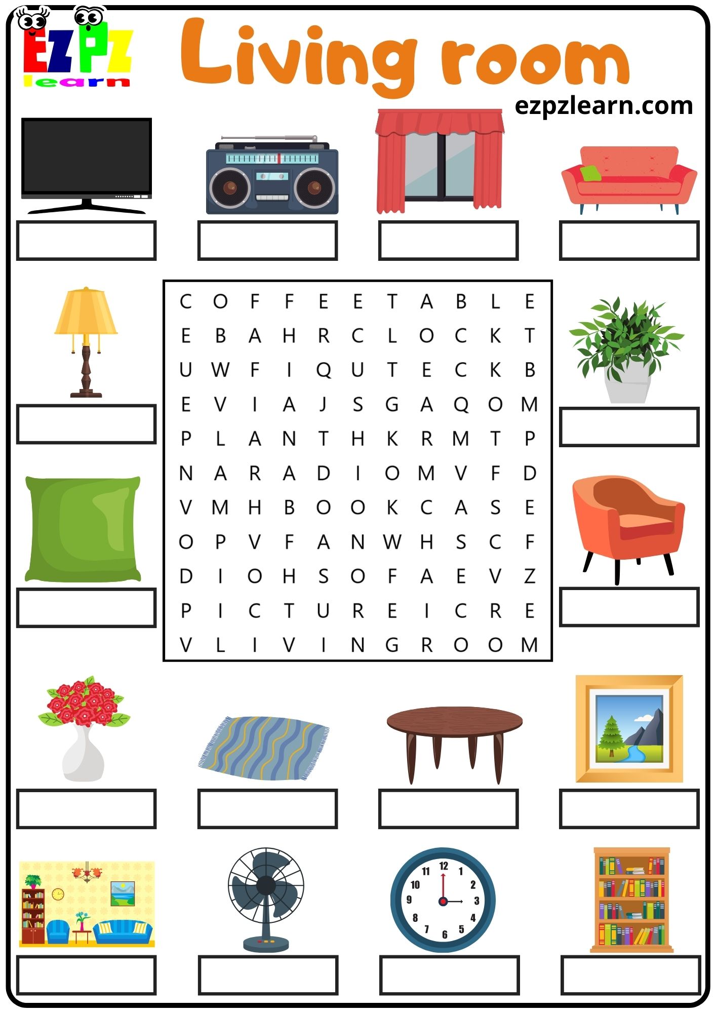 Living Room Vocabulary Word Search and Write the Words Activity for ...