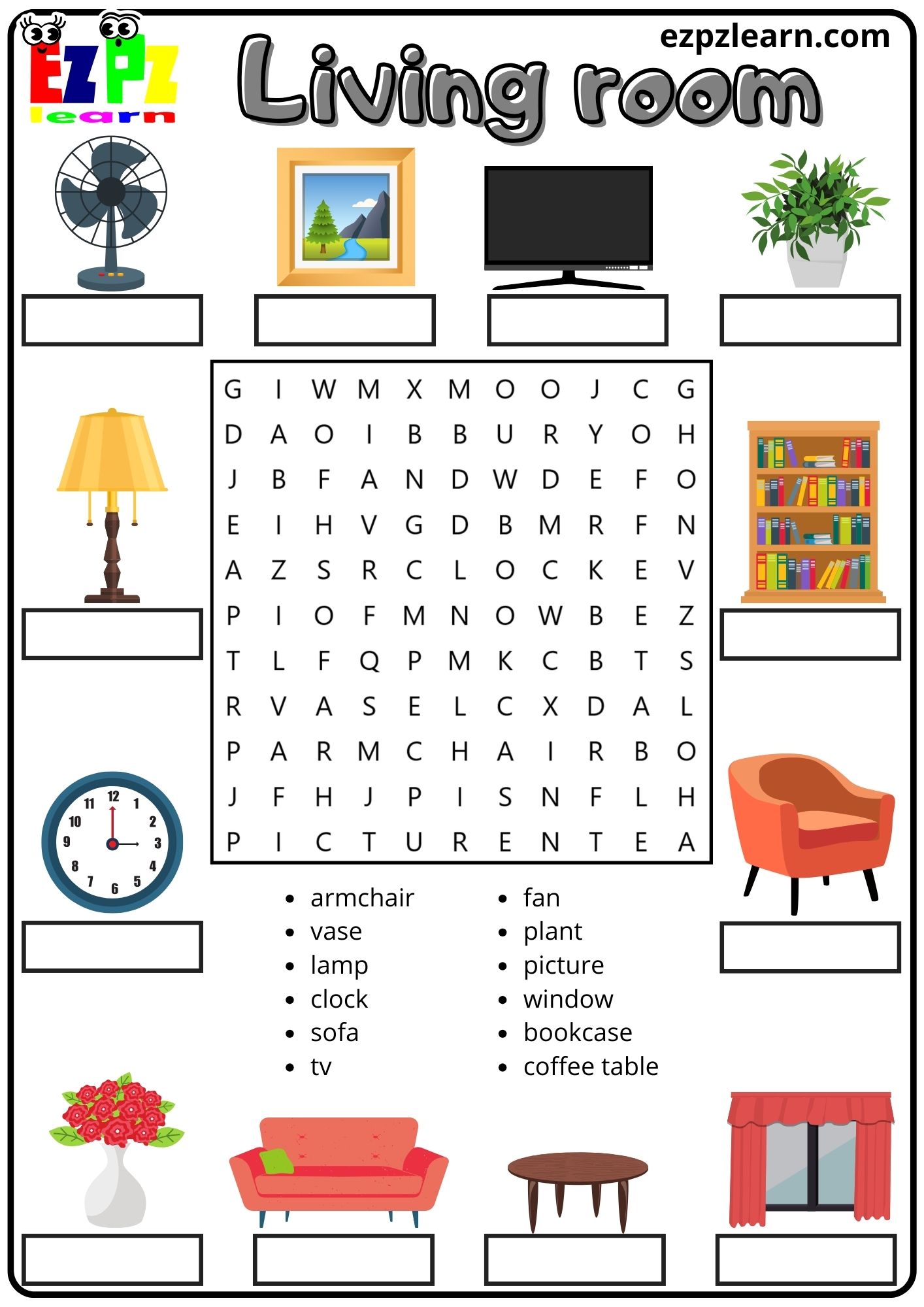 Living Room Vocabulary Word Search and Match the Words Activity for ...