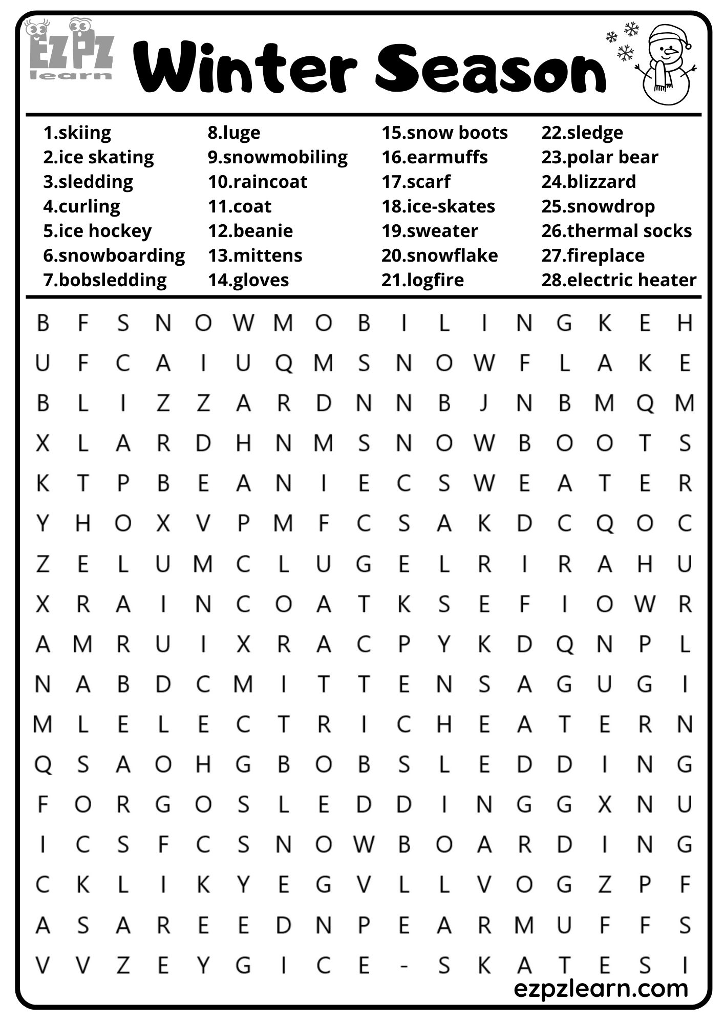 Difficult Winter Word Search Printable - Word Search Maker