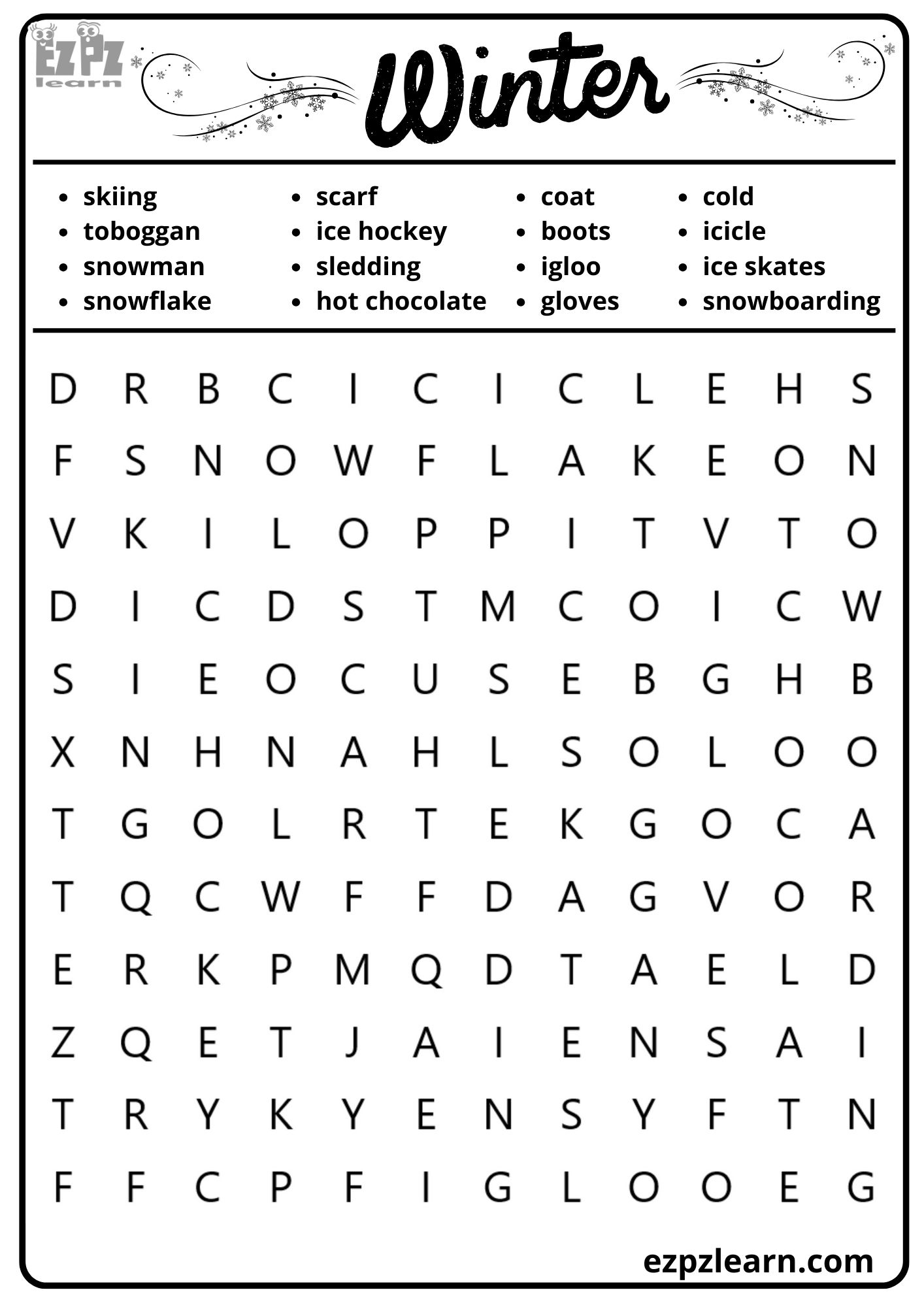 Winter Season Vocabulary Word Search for Kids and English Language ...
