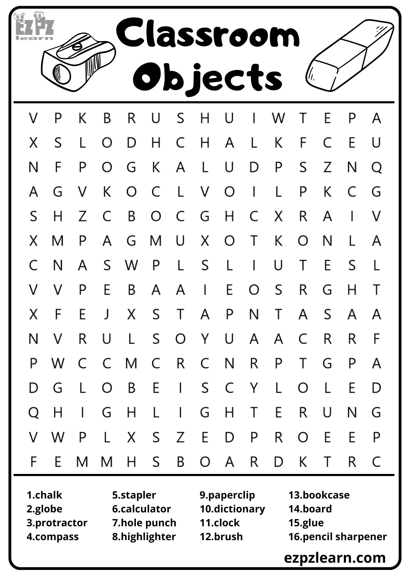 Classroom Objects Vocabulary Word Search for Kids and ESL 16 Words Free ...