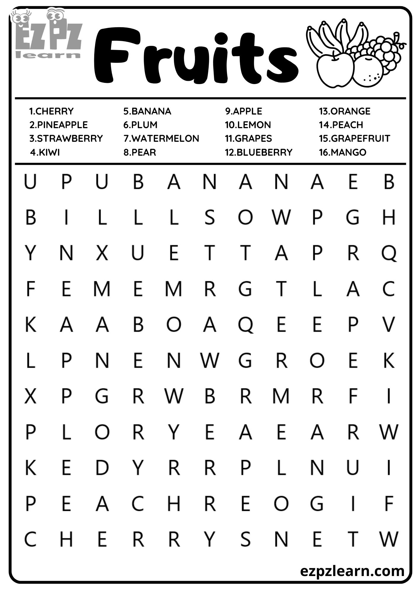 Fruits Vocabulary Word Search for Children and ESL Students Free ...