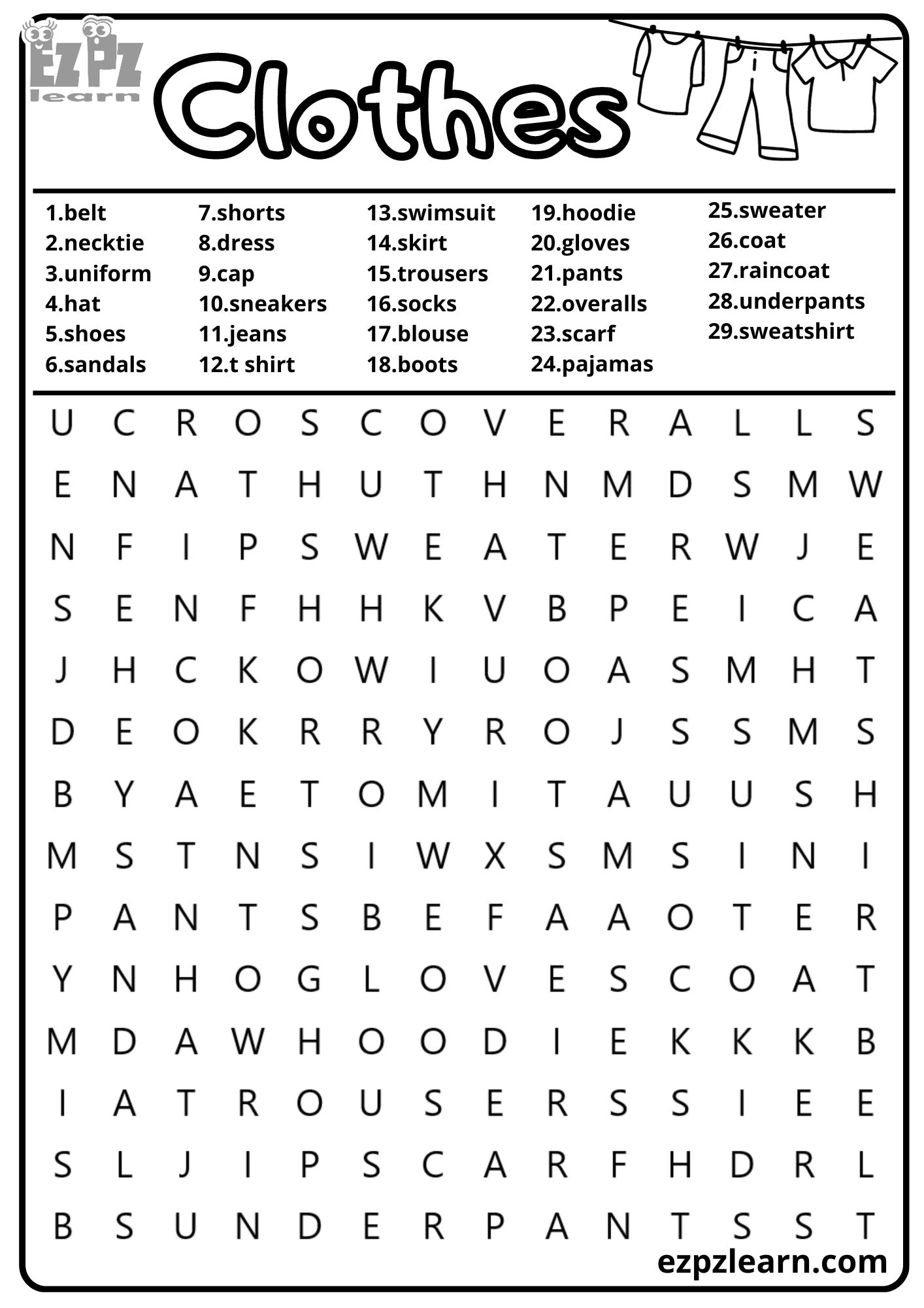 Clothes Vocabulary Word Search for Kids and ESL Students Free Printable ...