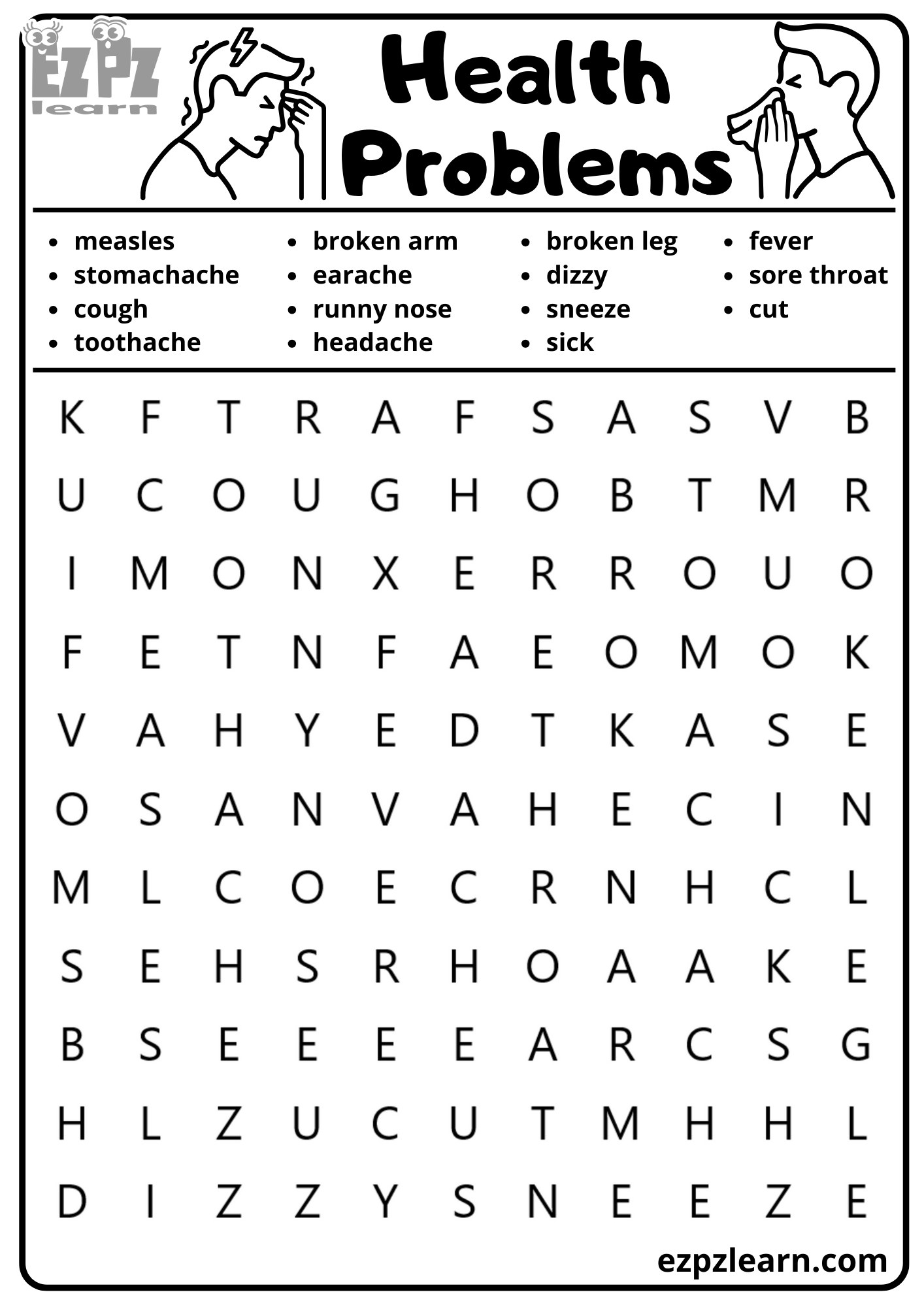 Health Problems and Illnesses Vocabulary Word Search for Kids, Adults ...