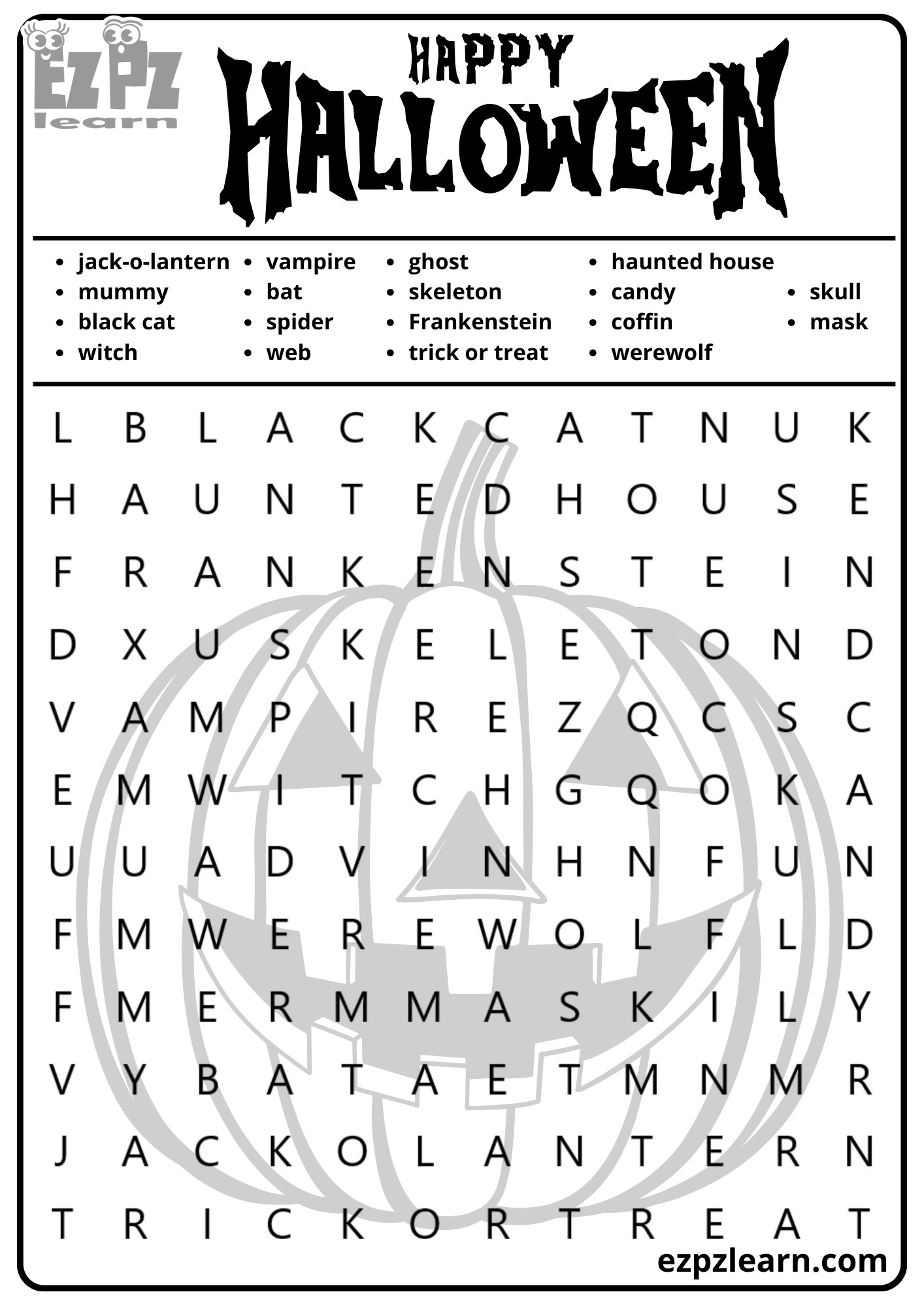 Halloween Holiday Vocabulary Word Search for Kids and ESL Students Free ...
