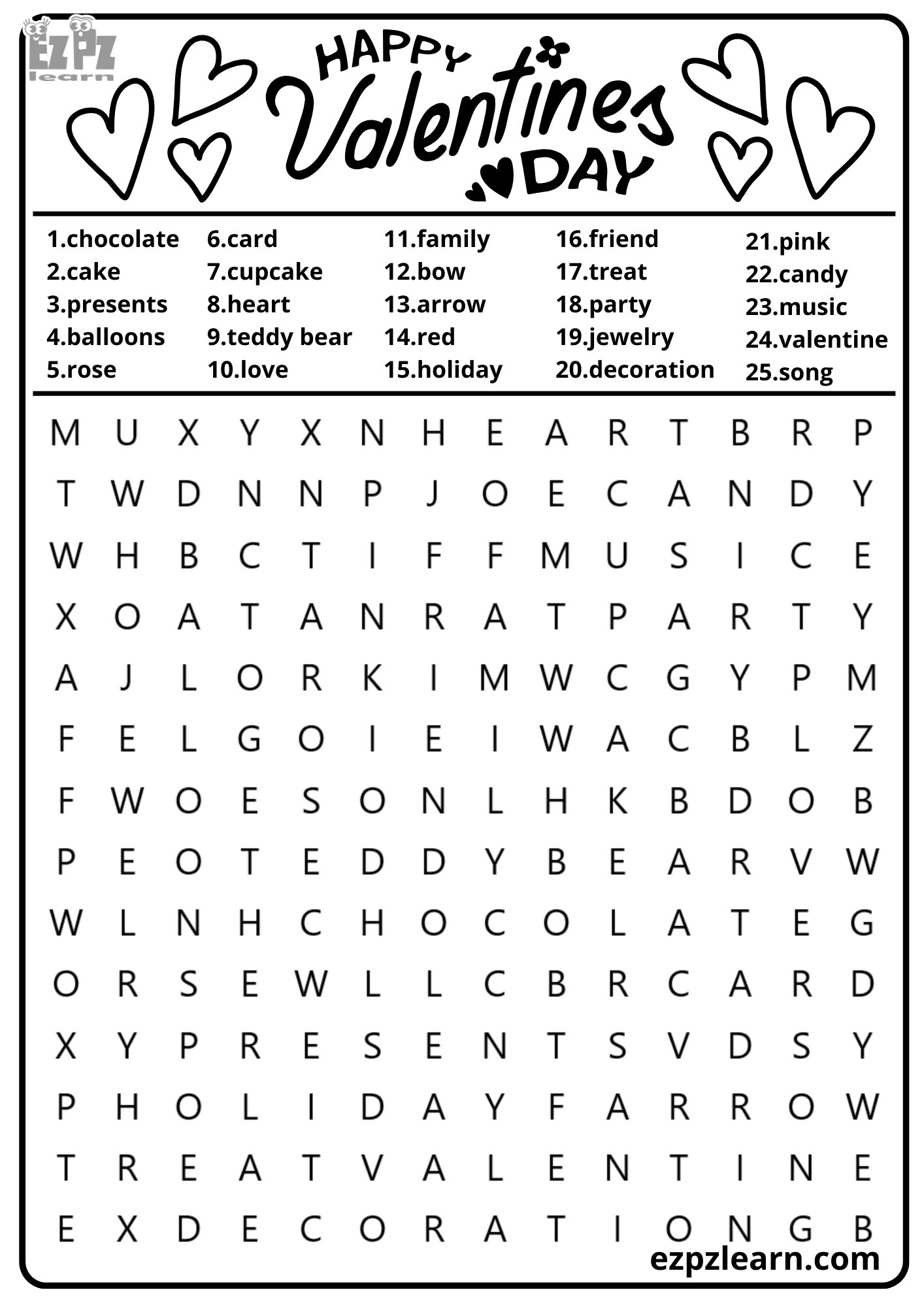 Valentine's Holiday Vocabulary Word Search for Kids and ESL Students ...