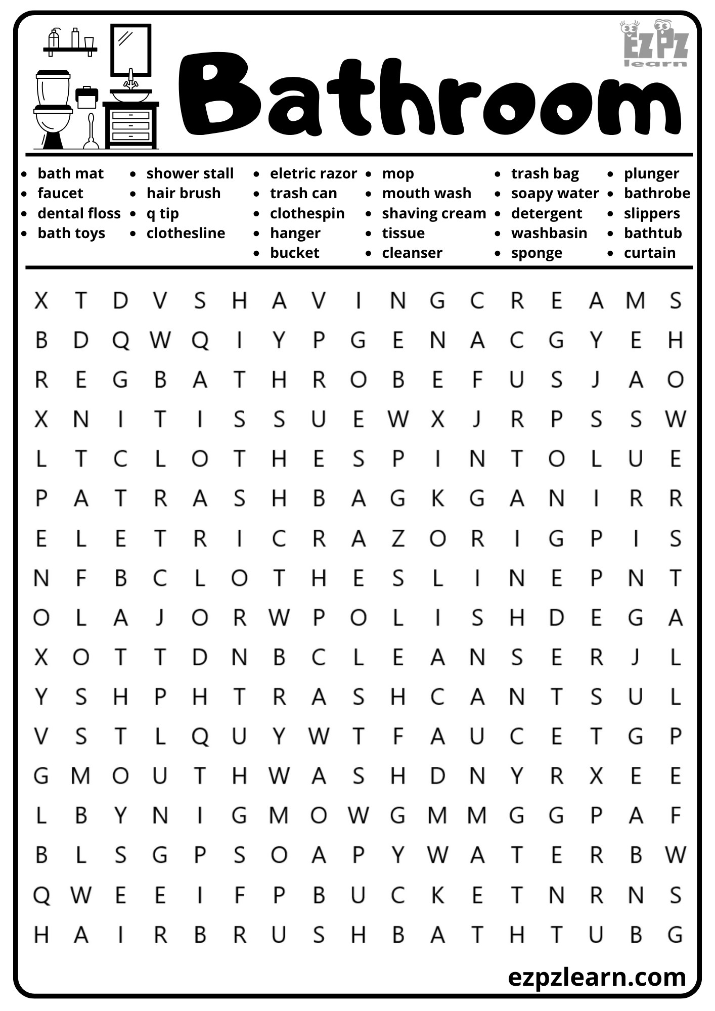 Bathroom and House Vocabulary Word Search for Homeschool Kids and ESL ...