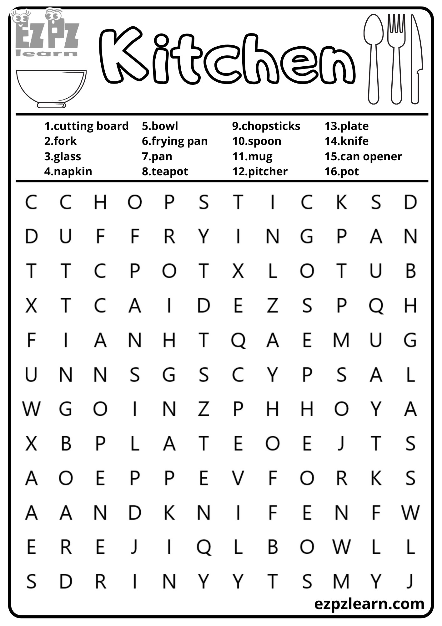 Kitchen and House Vocabulary Word Search for Homeschool Kids and ESL ...