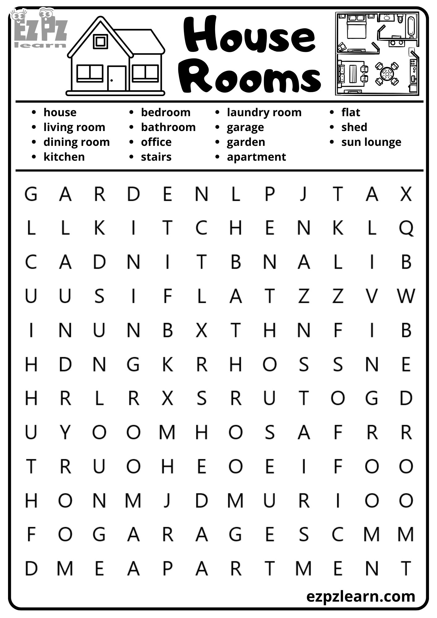 House Rooms Vocabulary Word Search for Homeschool Kids and ESL Students ...