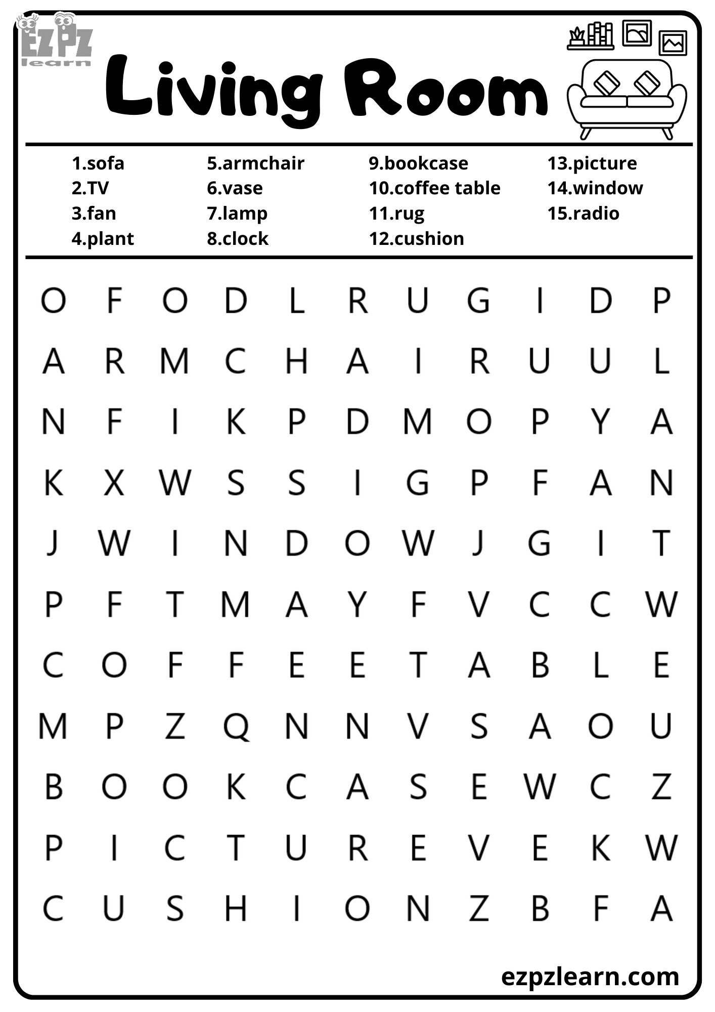 Living Room House Vocabulary Word Search for Homeschool Kids and ESL ...