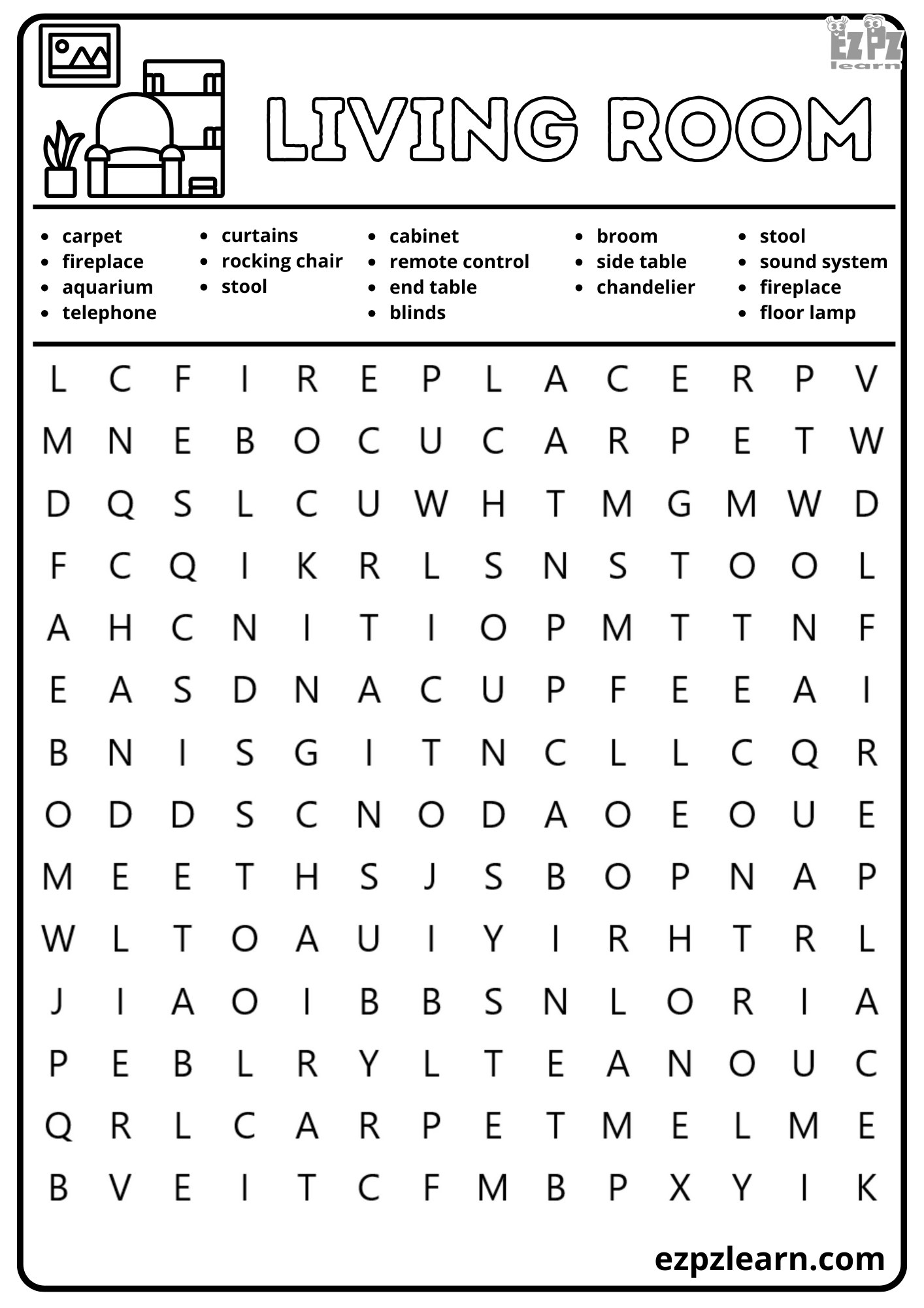 Living Room House Vocabulary Word Search for Homeschool Kids and ESL ...