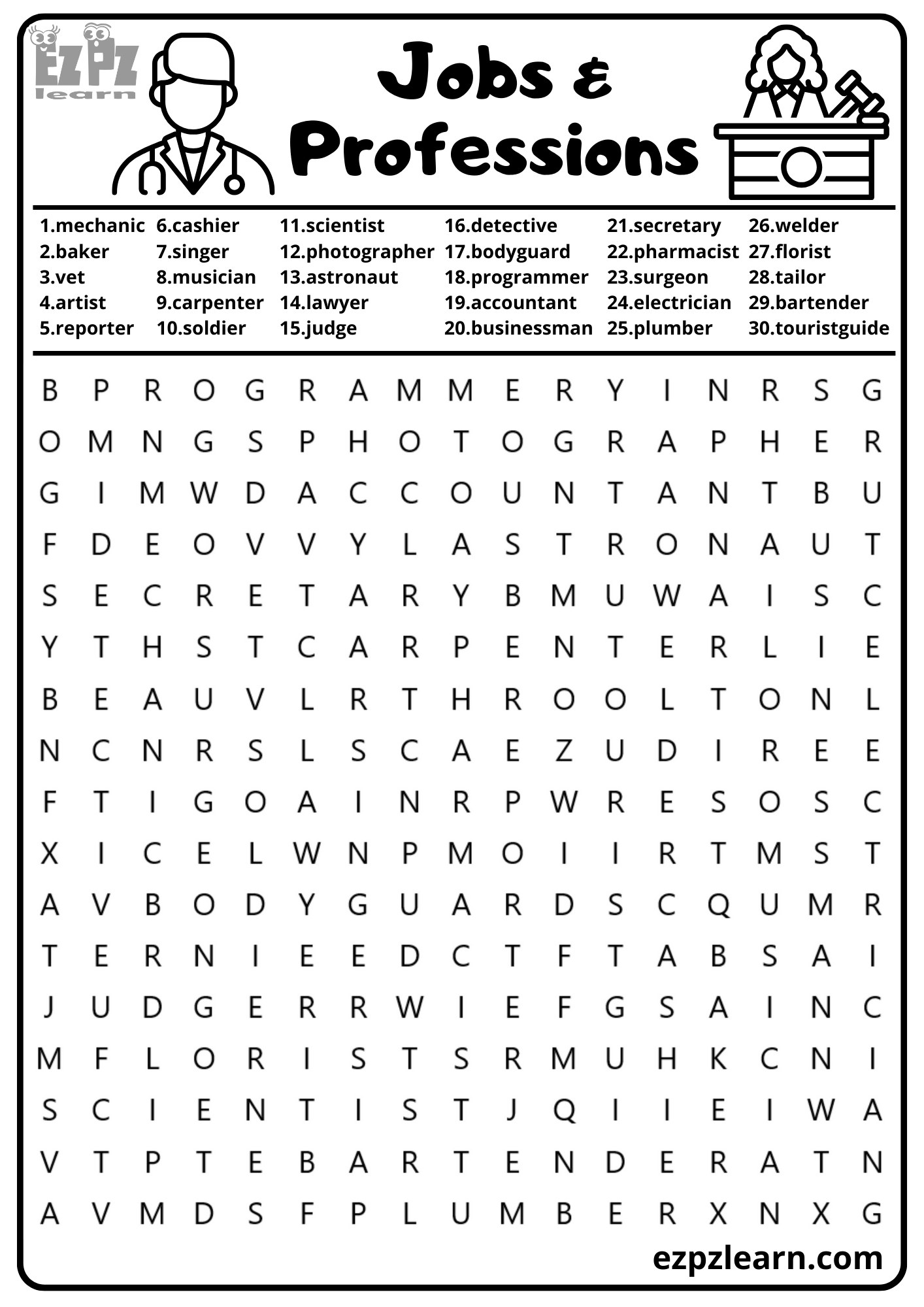 Jobs, Careers and Professions Word Search Free PDF Download 30 Words ...