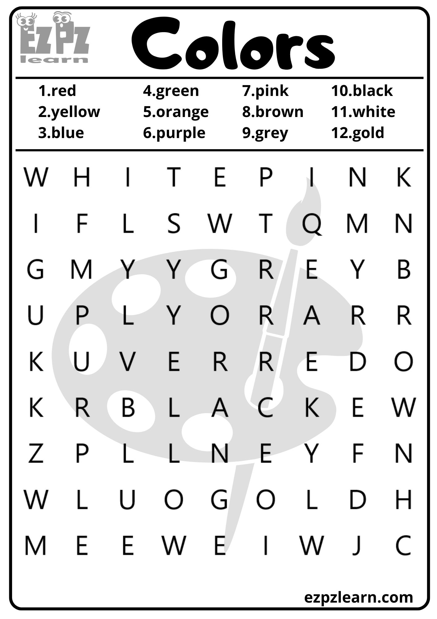 Colors Vocabulary Word Search for Kids and ESL Learners 12 Words Free ...