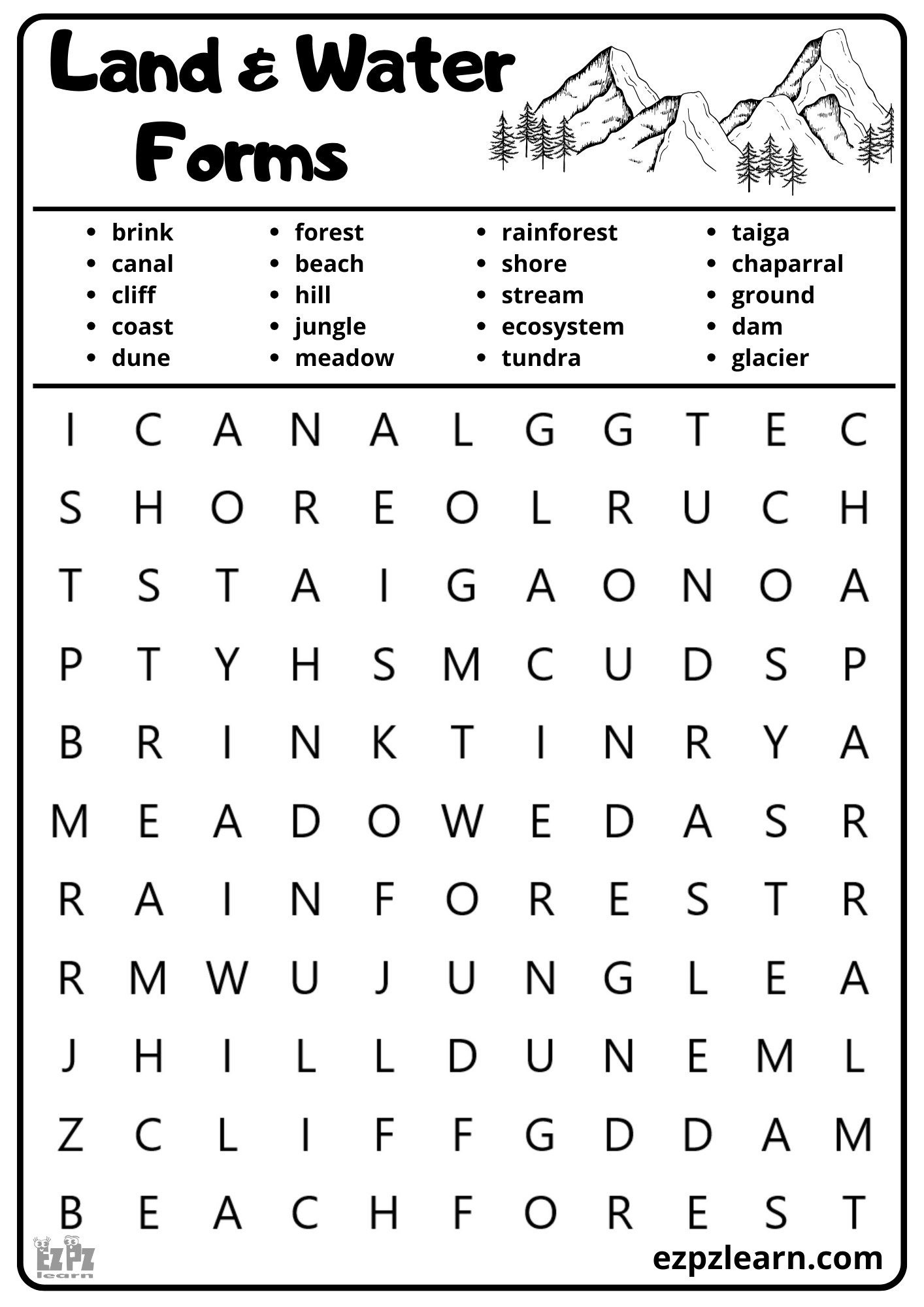 Land and Water Forms Vocabulary Word Search K5 and ESL Students Free ...