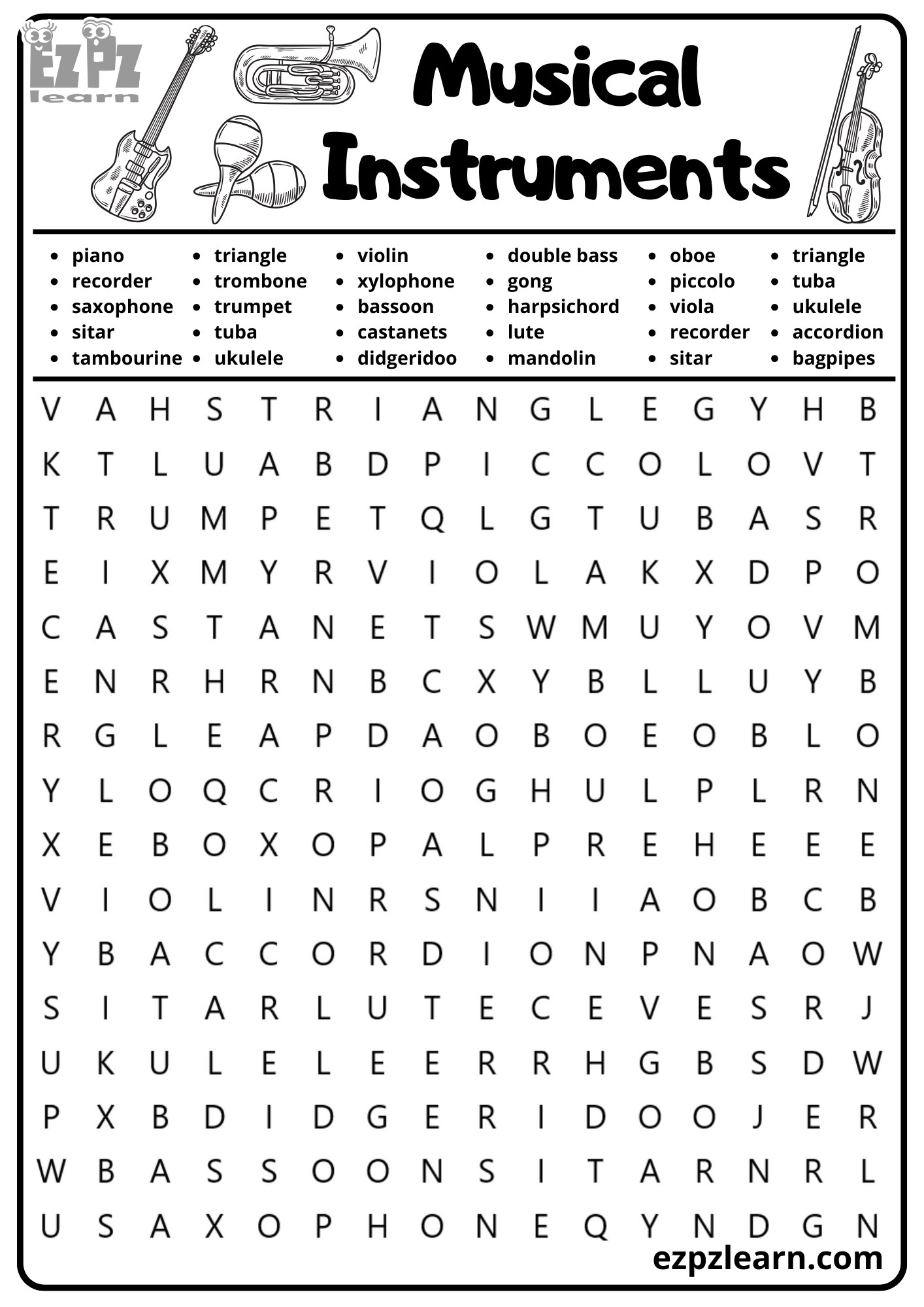 Musical Instrument Vocabulary Word Search for Homeschool and ESL ...