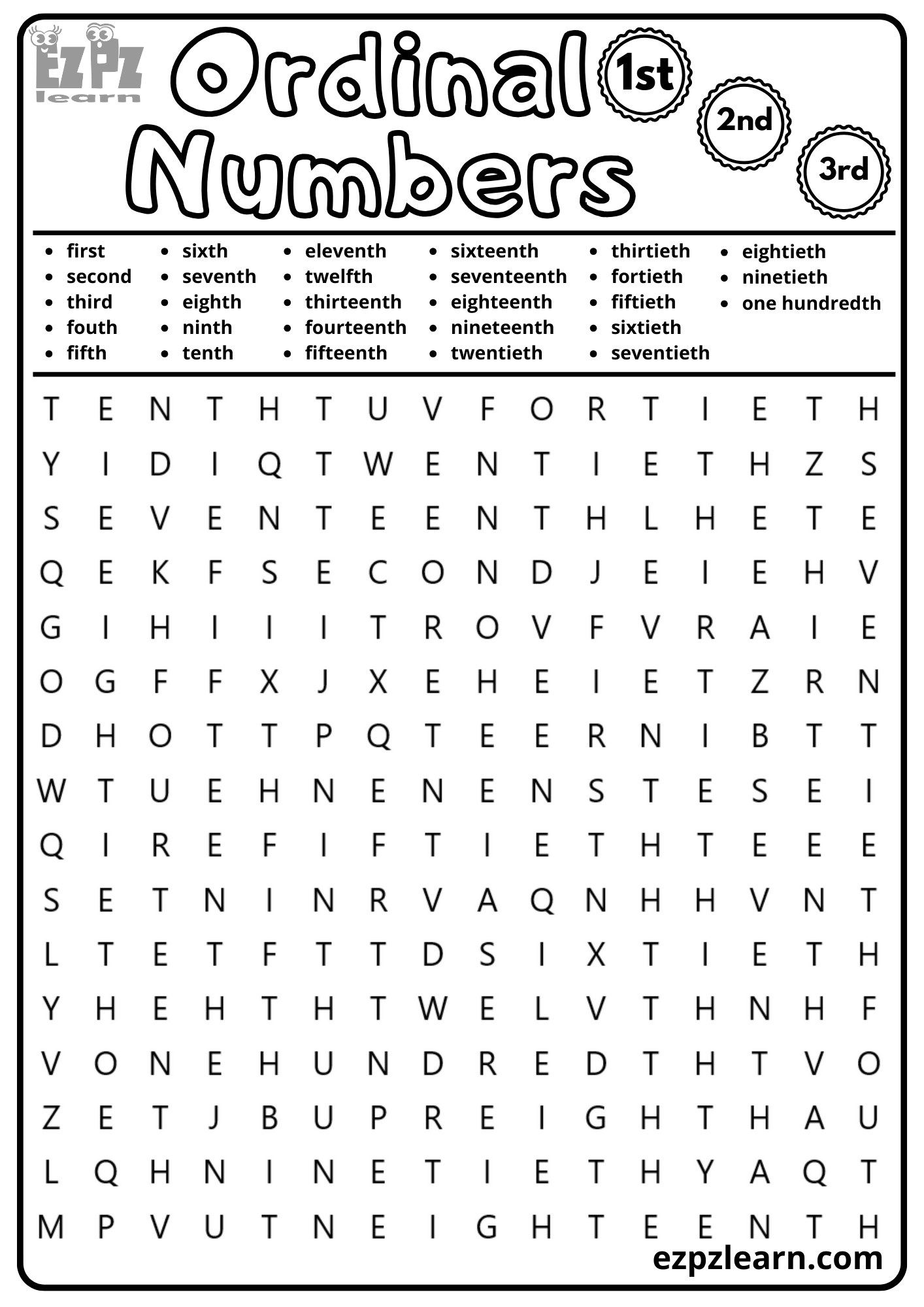 Ordinal Numbers Vocabulary Word Search for K5 Homeschool and ESL ...
