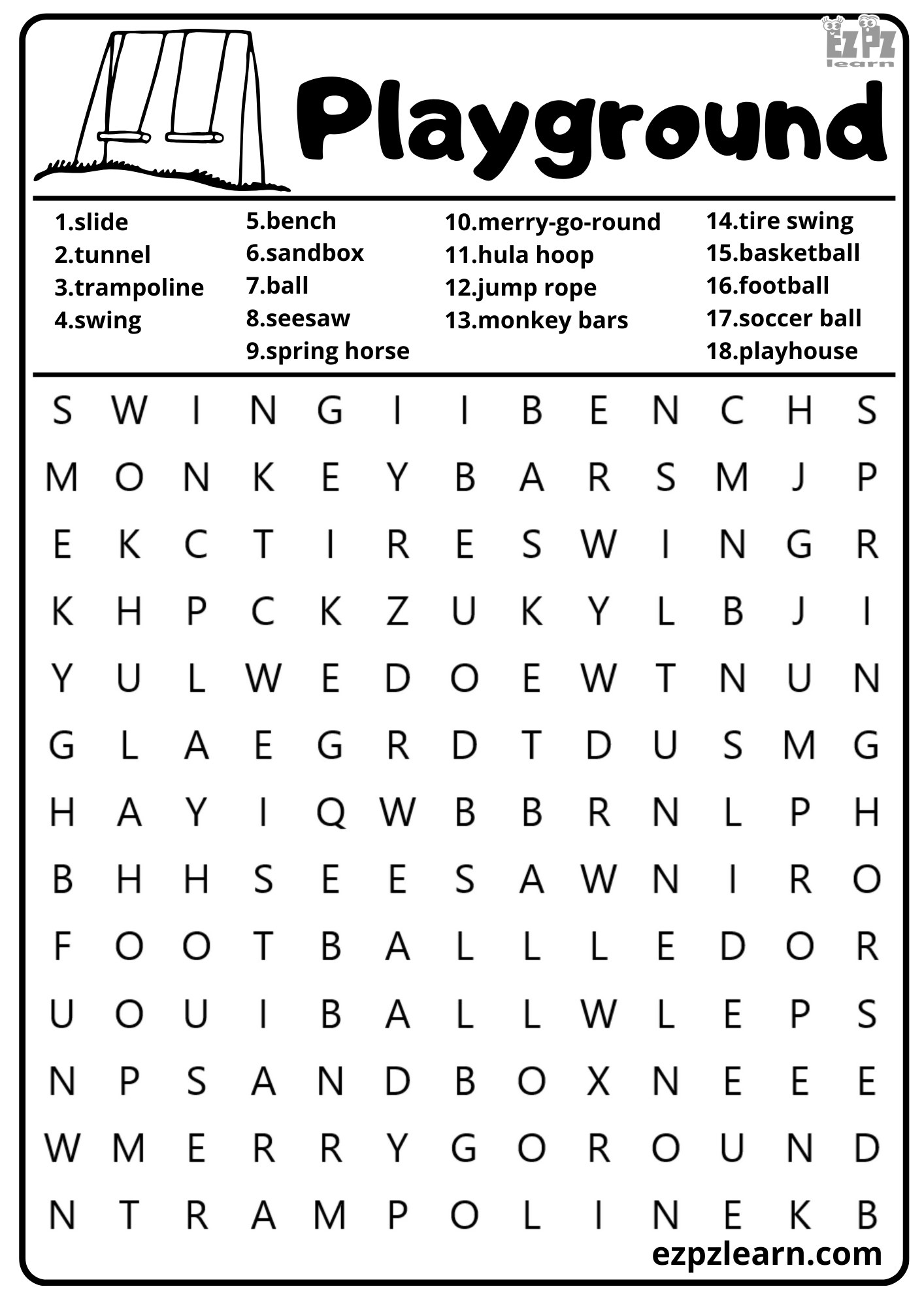 Playground Vocabulary Word Search for K3 Homeschool and ESL Students ...