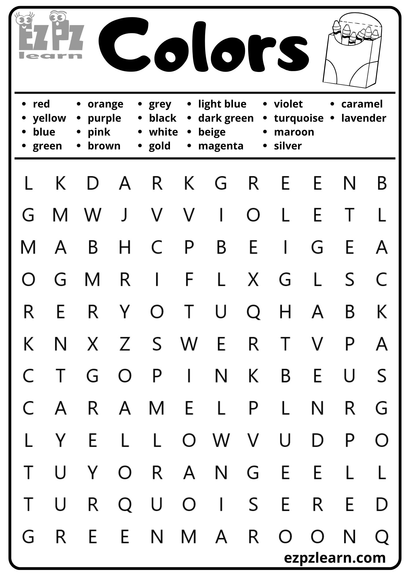 Colors Vocabulary Word Search for Kids and English Language Learners 22 ...