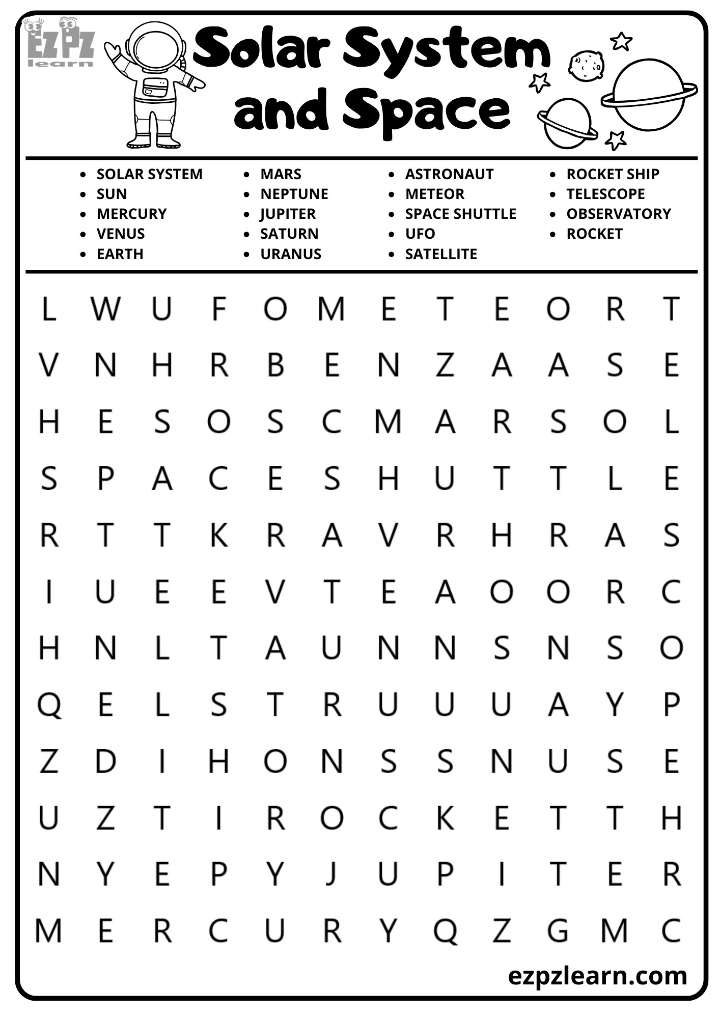 Solar System and Space Vocabulary Word Search for Homeschool and ESL ...