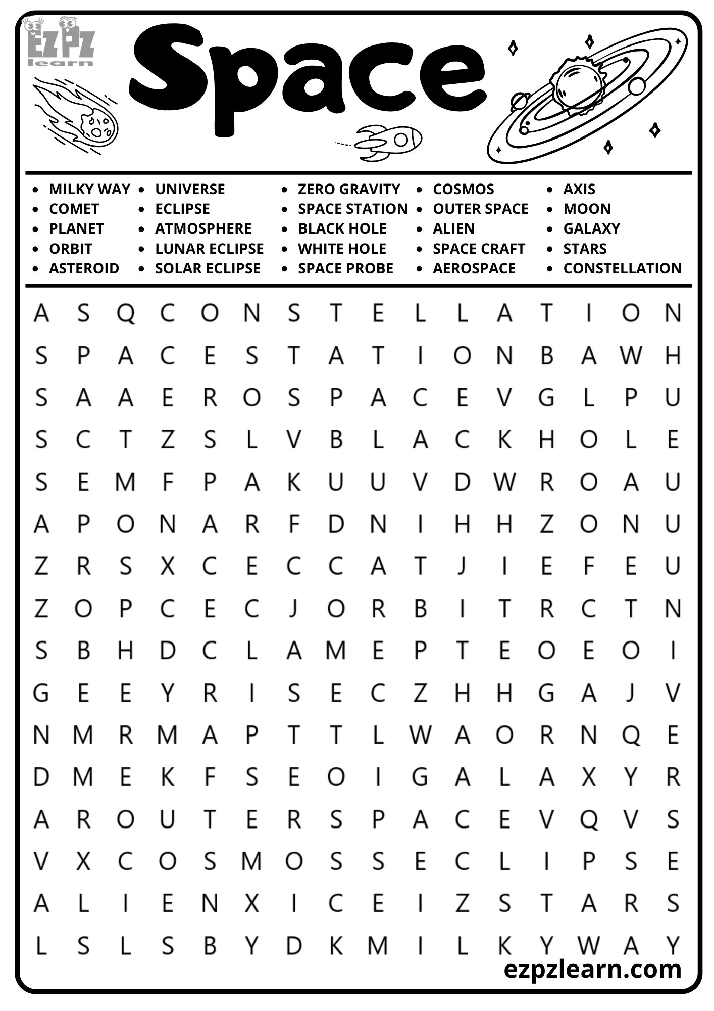Solar System and Space Vocabulary Word Search for Homeschool and ESL ...
