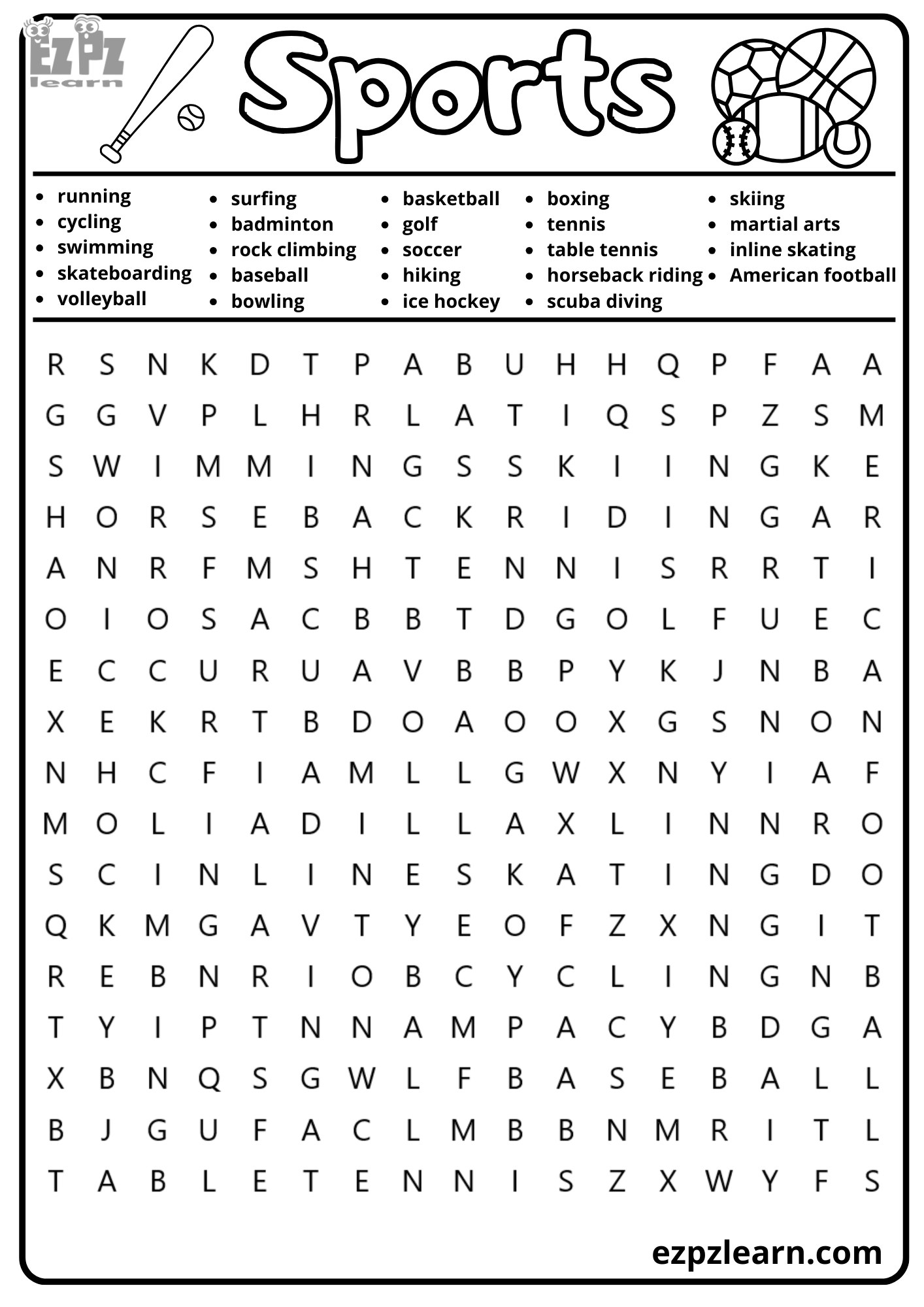 Sports Vocabulary Word Search for Homeschool and ESL Students Free PDF ...
