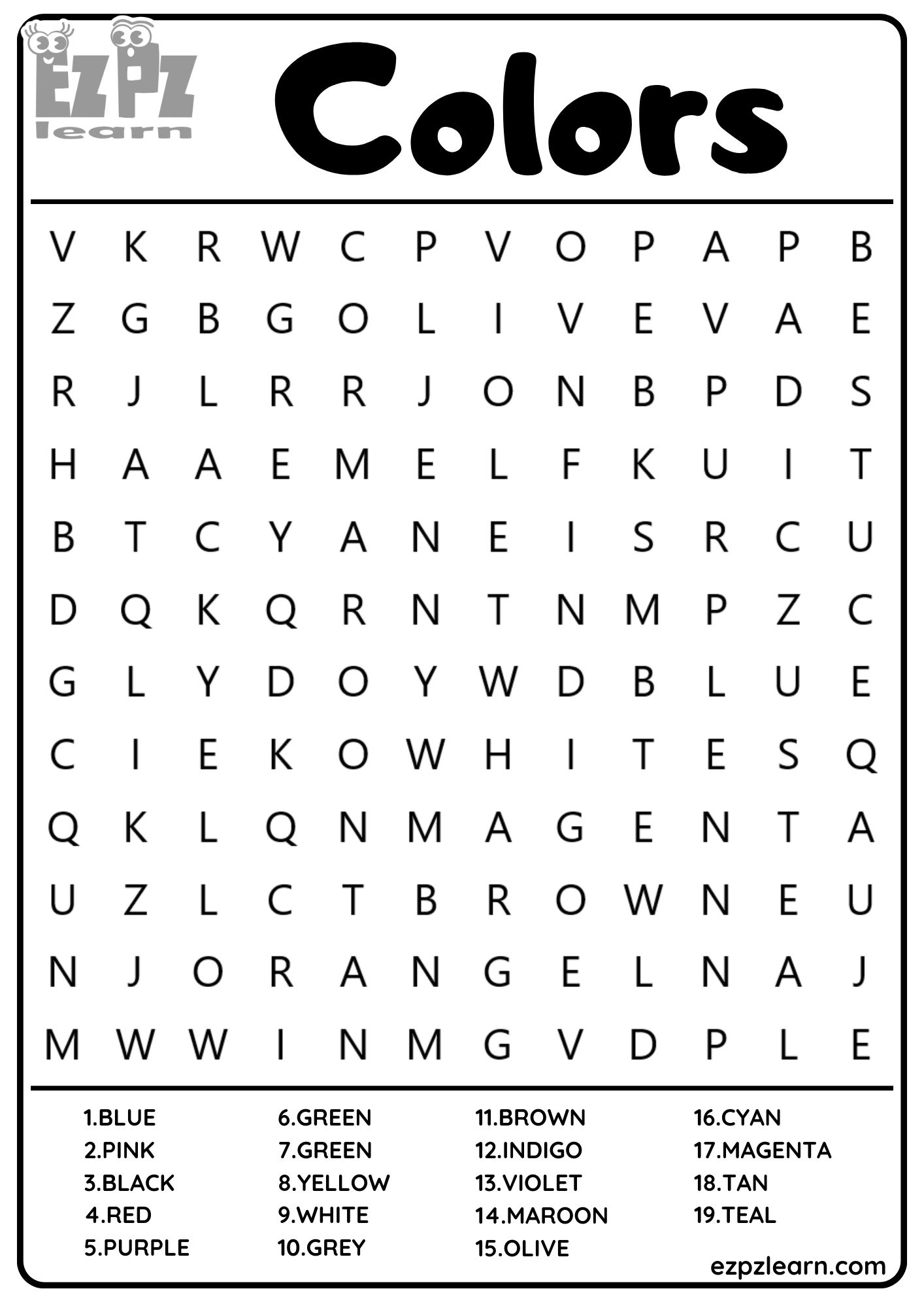 Colors Vocabulary Word Search for Kids and English Language Learners 19 ...