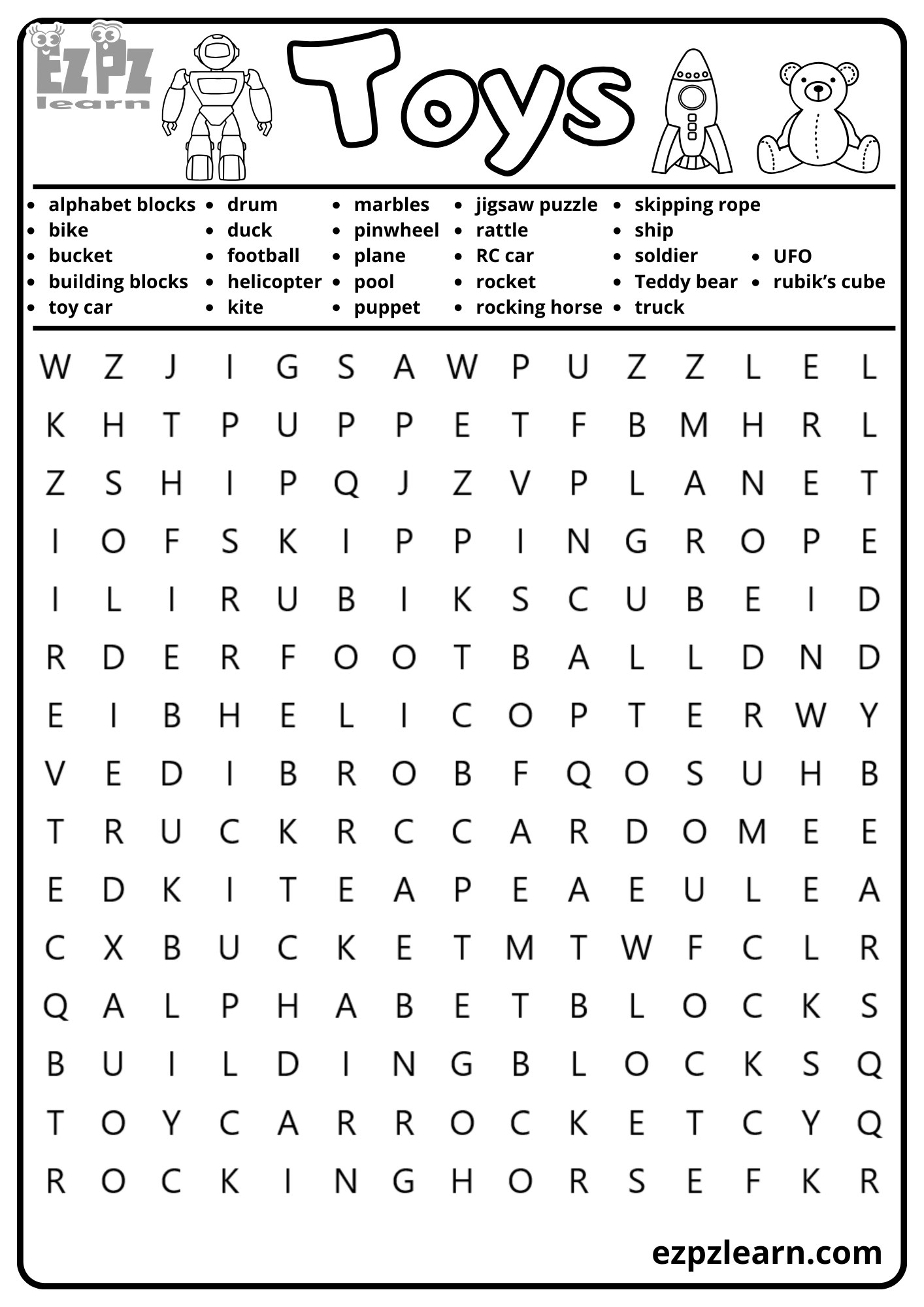 Toys Vocabulary Word Search for K3 Homeschool and ESL Students Free PDF ...
