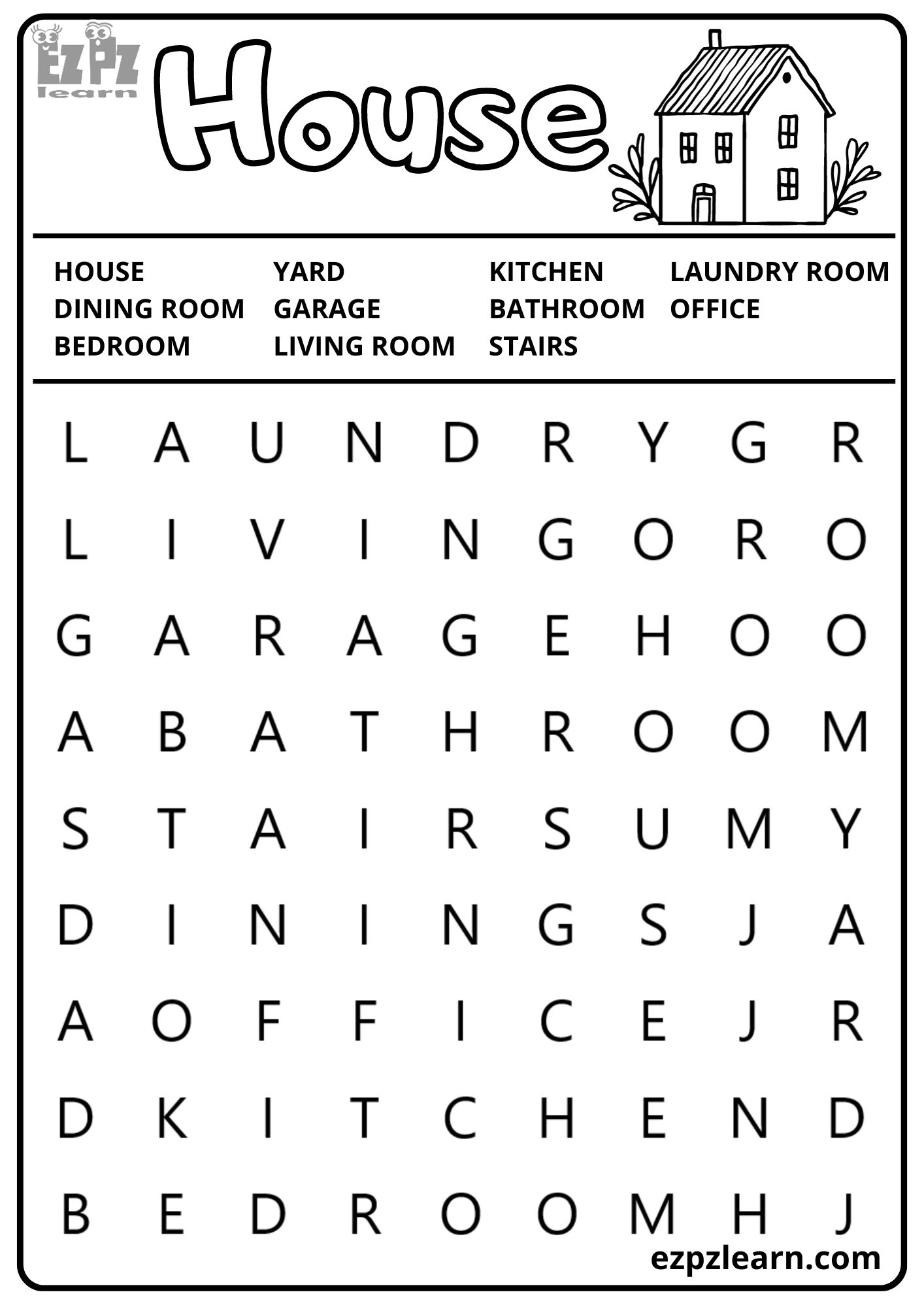 House Rooms Word Search for K1 and ESL Students Free PDF Download ...