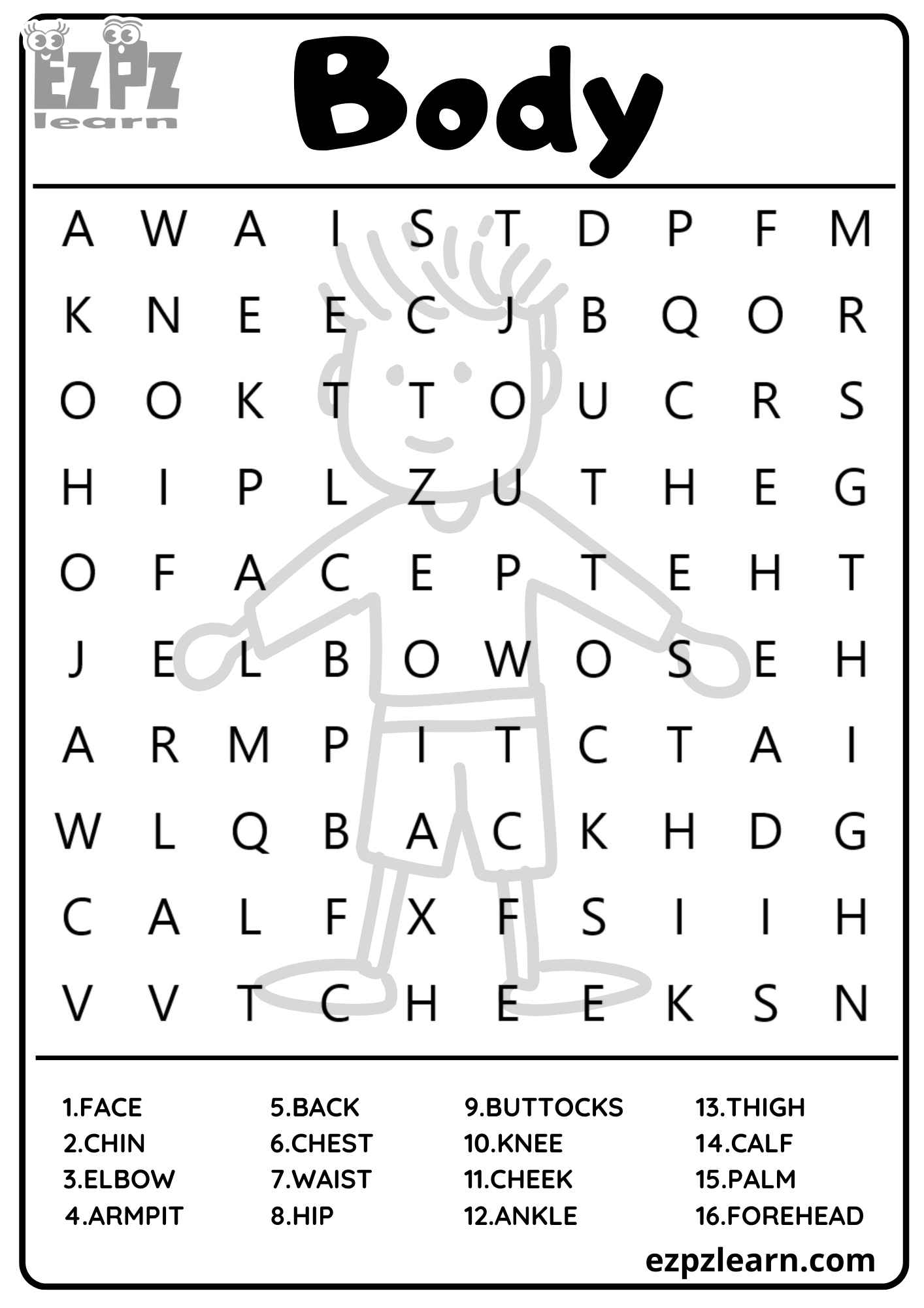 My Body Vocabulary Word Search 16 Words PDF For Kids - Ezpzlearn.com
