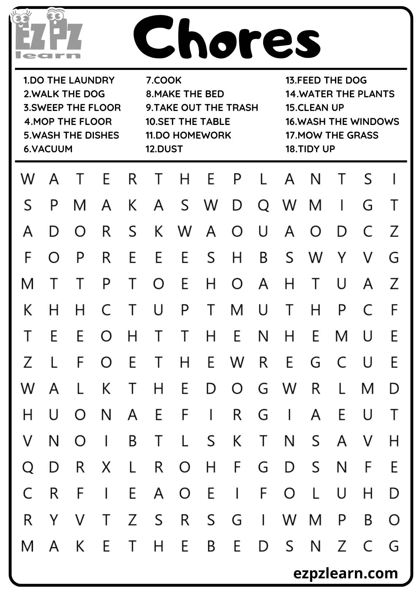 My Chores Vocabulary Word Search 18 Words For Kids and ESL Free PDF ...
