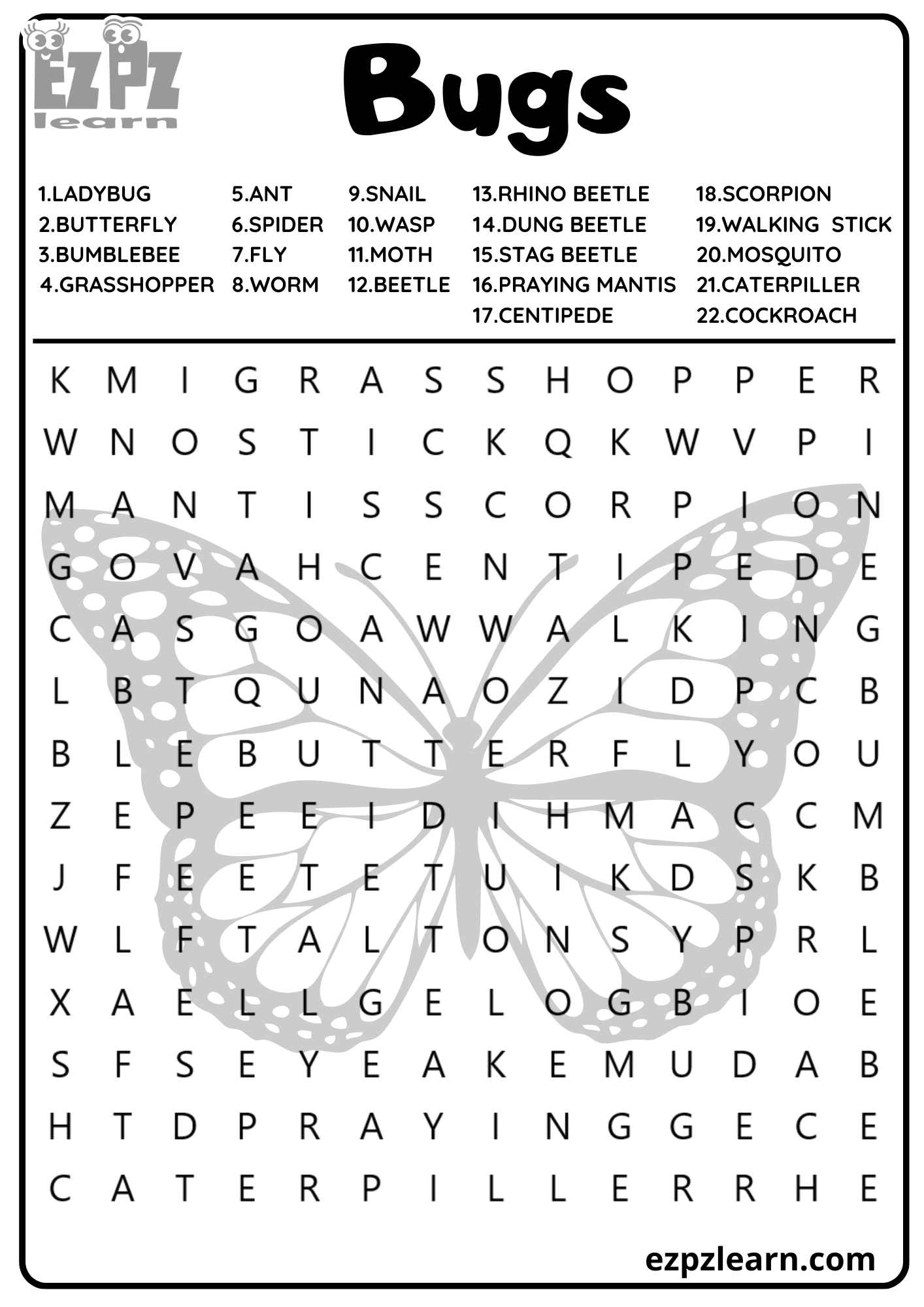 Insects and Bugs Vocabulary Word Search 22 Words For Kids and English ...