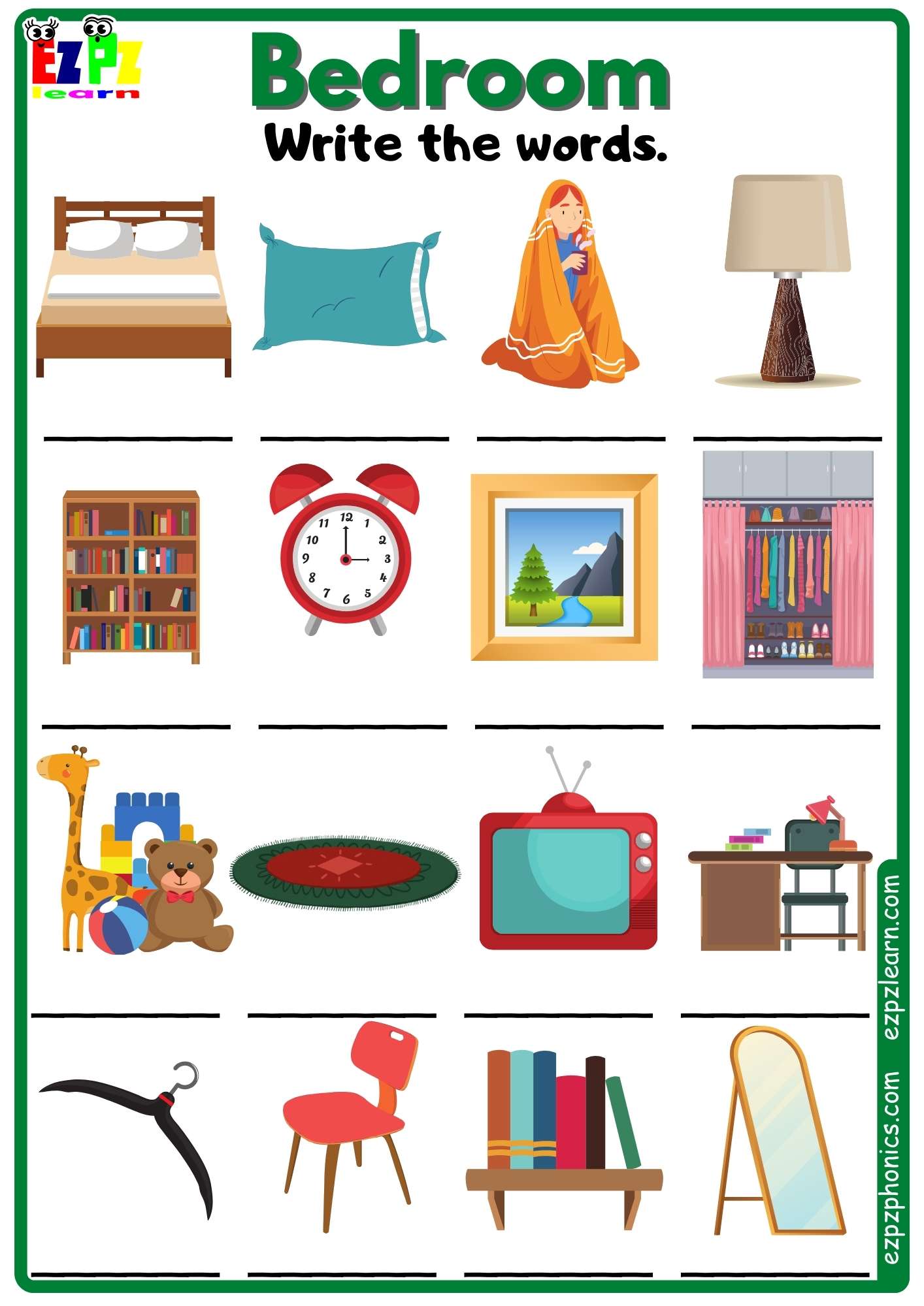 Bedroom Vocabulary Write the Words Free PDF Download - Ezpzlearn.com