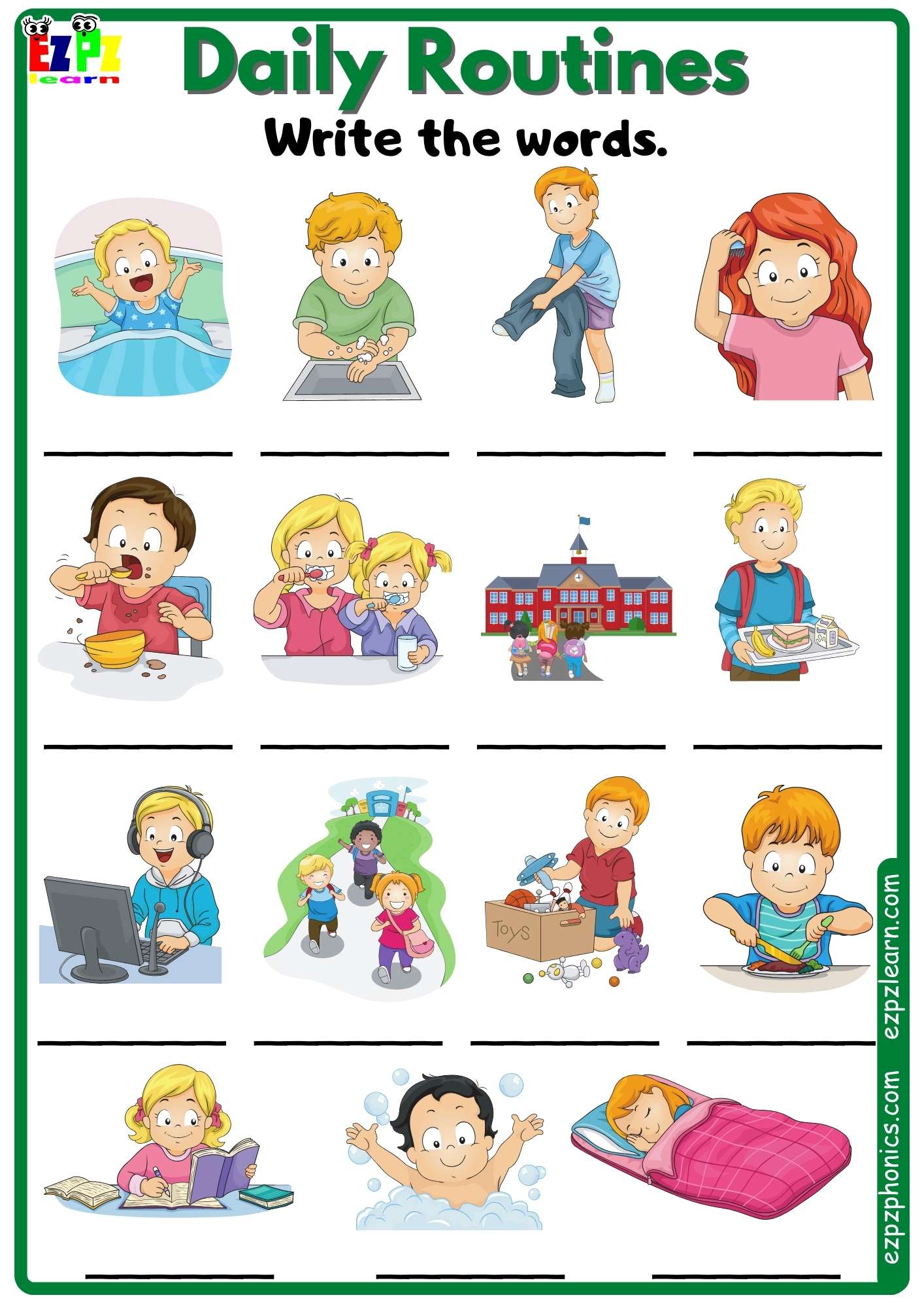 Daily Routines Vocabulary Write the Words Free PDF Download - Ezpzlearn.com