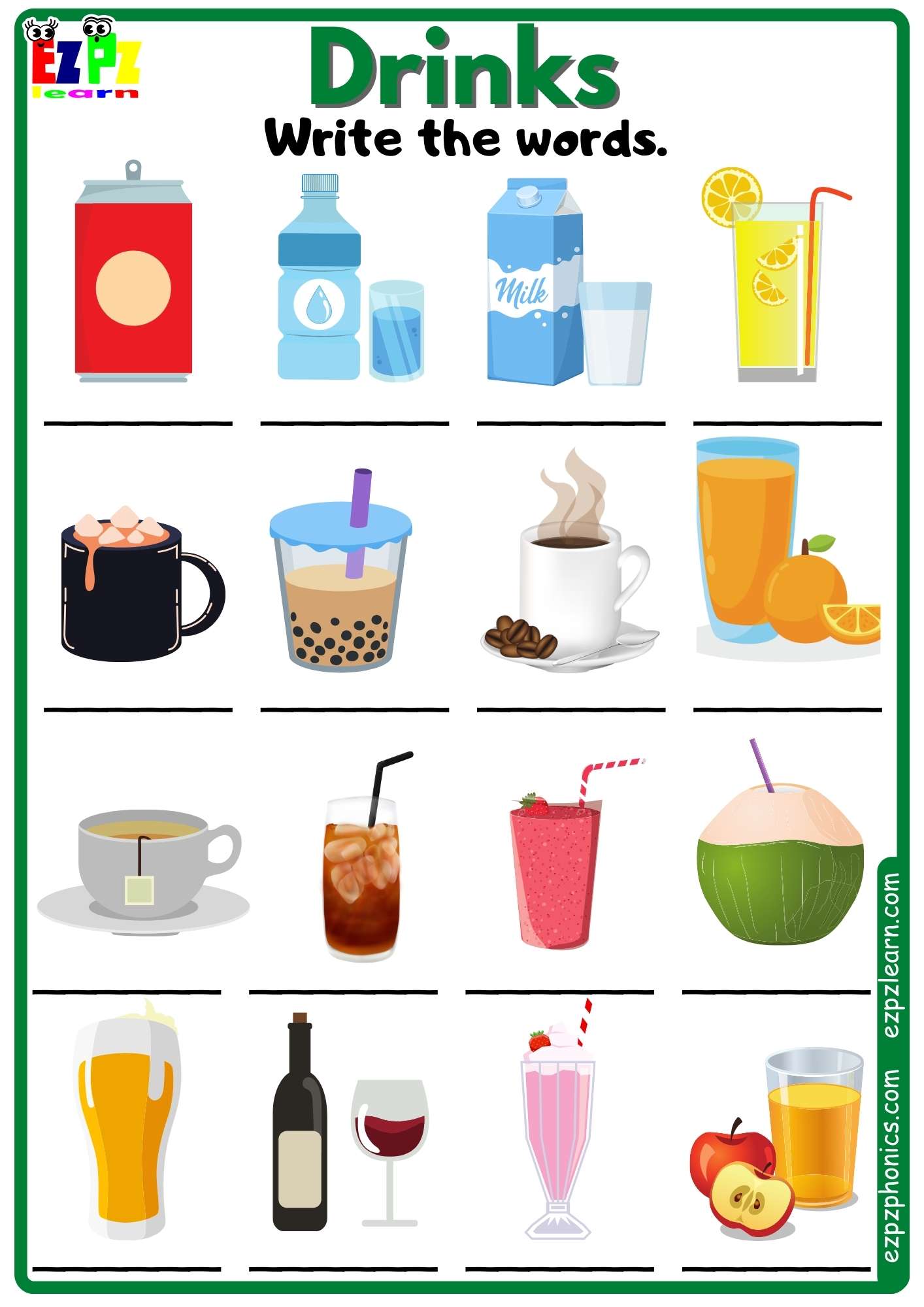 Drinks Vocabulary Write the Words Free PDF Download - Ezpzlearn.com