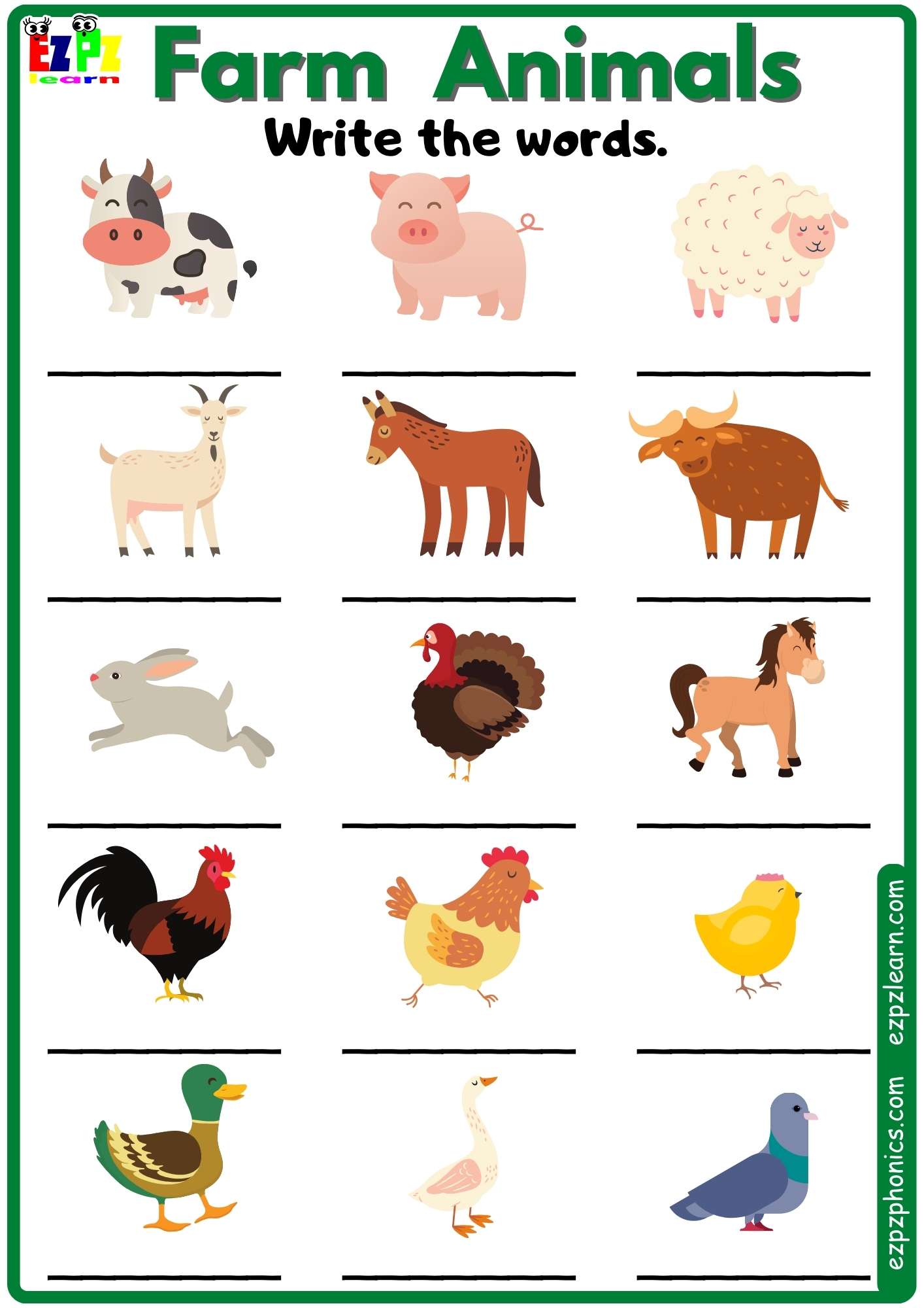 Farm Animals Vocabulary Write the Words Free PDF Download - Ezpzlearn.com