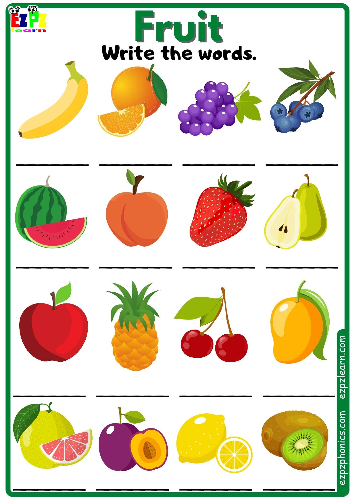 Fruit Vocabulary Write the Words Free PDF Download - Ezpzlearn.com