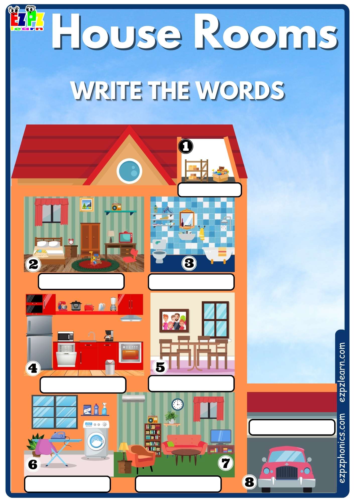 House Rooms Vocabulary Write the Words Free PDF Download - Ezpzlearn.com