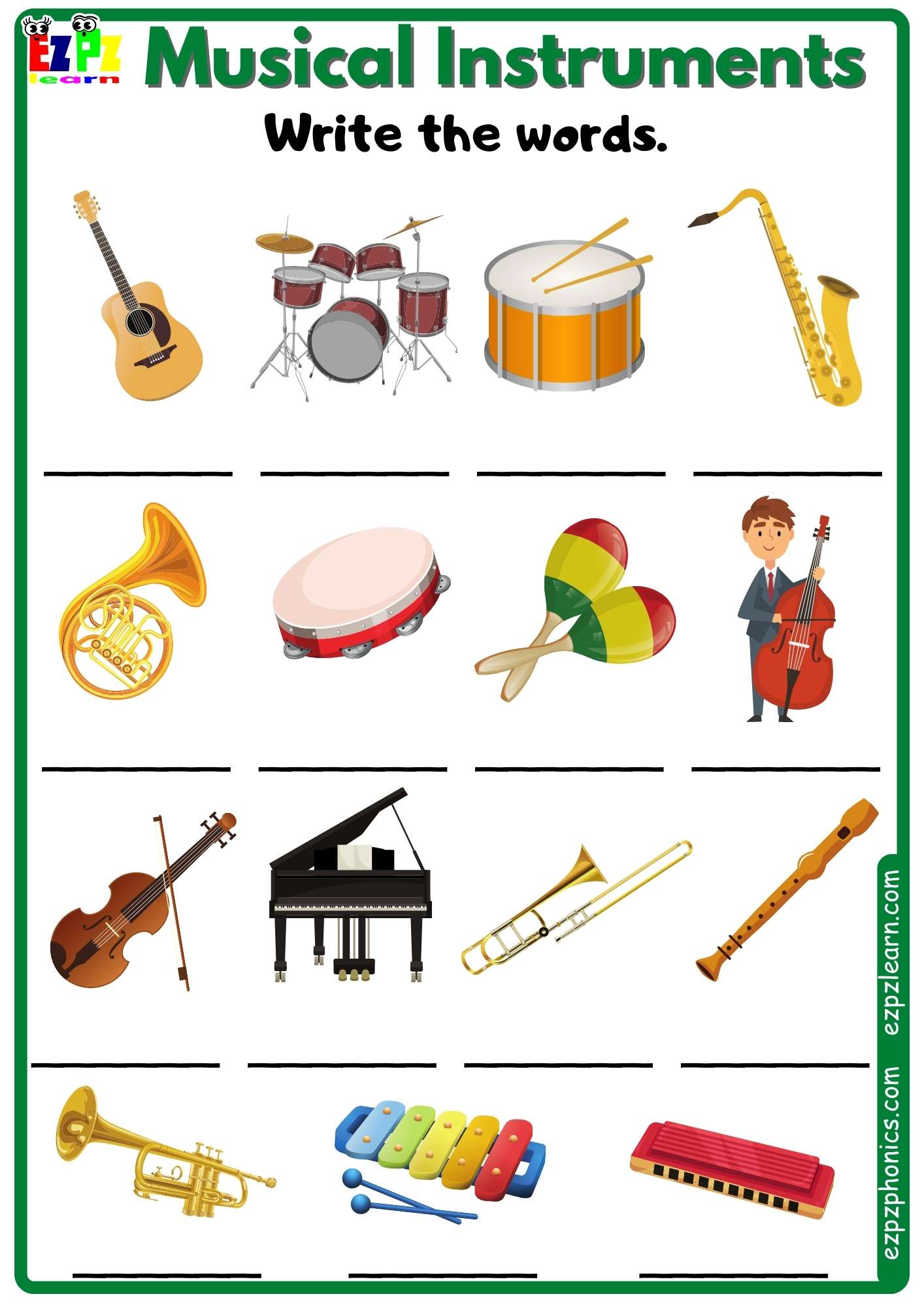 Musical Instruments Vocabulary Write the Words Free PDF Download ...