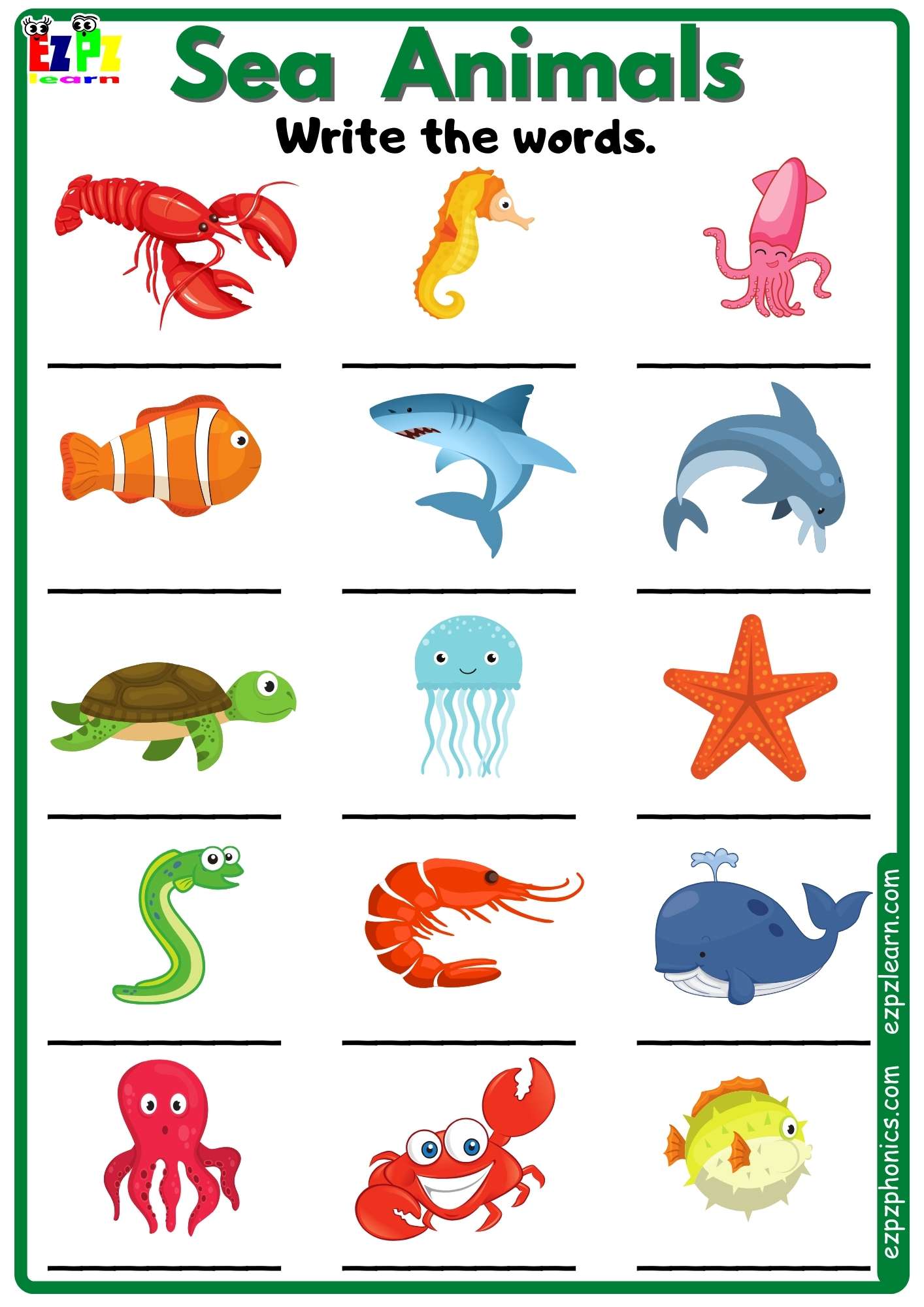 Sea Animals Vocabulary Write the Words Free PDF Download - Ezpzlearn.com