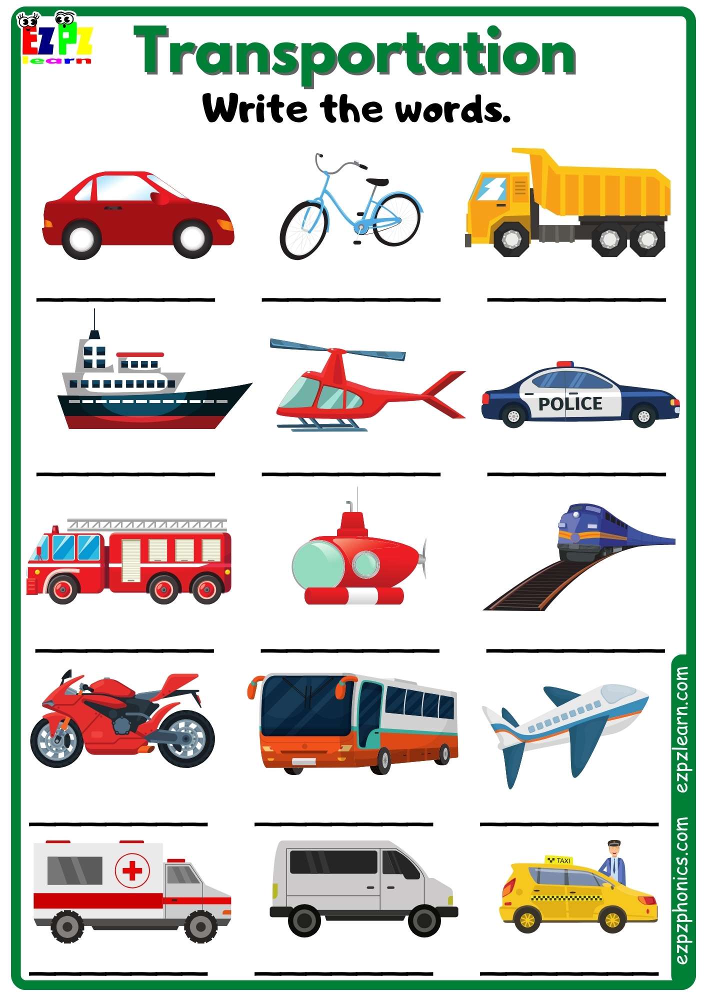 Transportation Vocabulary Write the Words Free PDF Download - Ezpzlearn.com