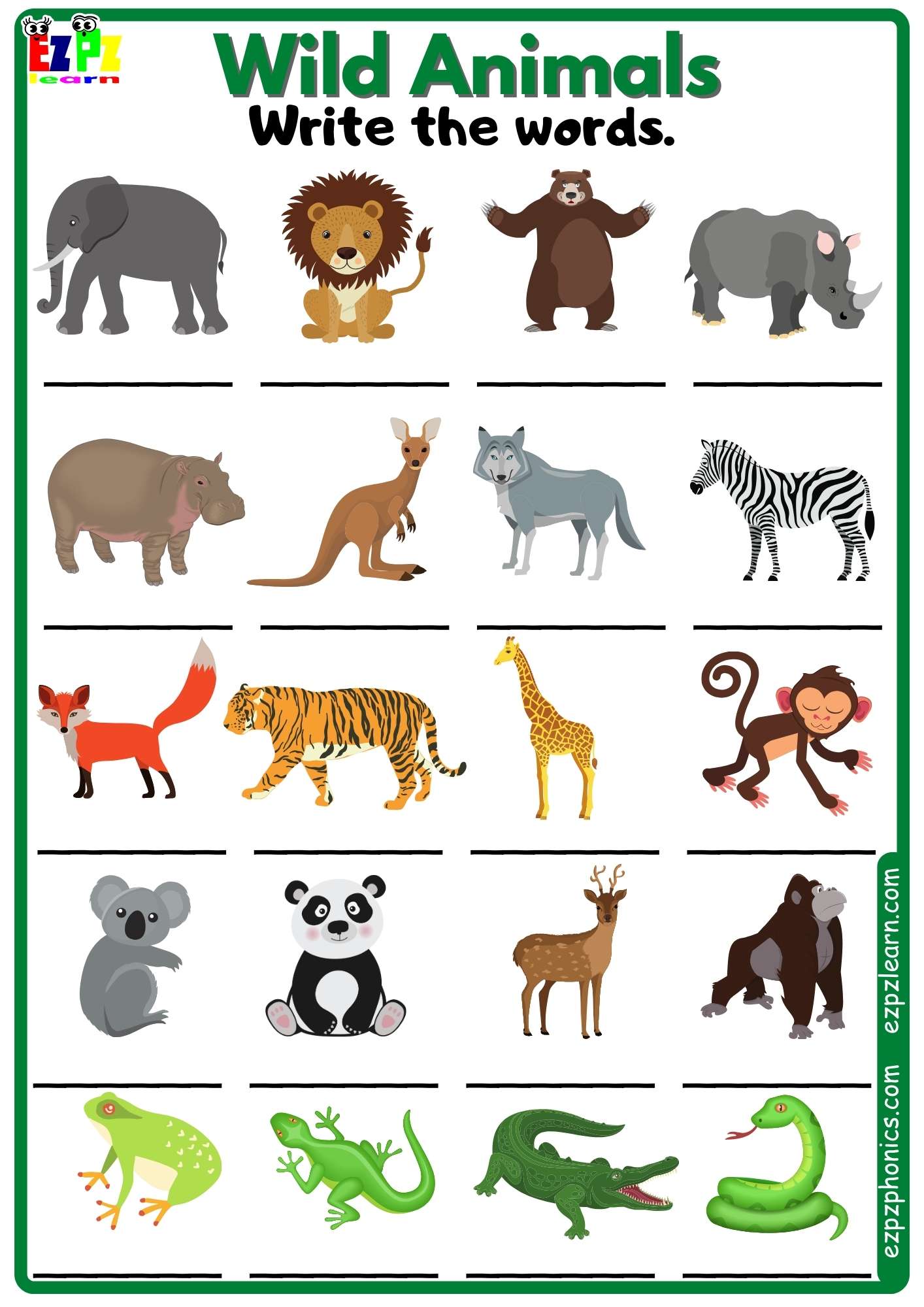 Wild Animals Vocabulary Write the Words Free PDF Download - Ezpzlearn.com